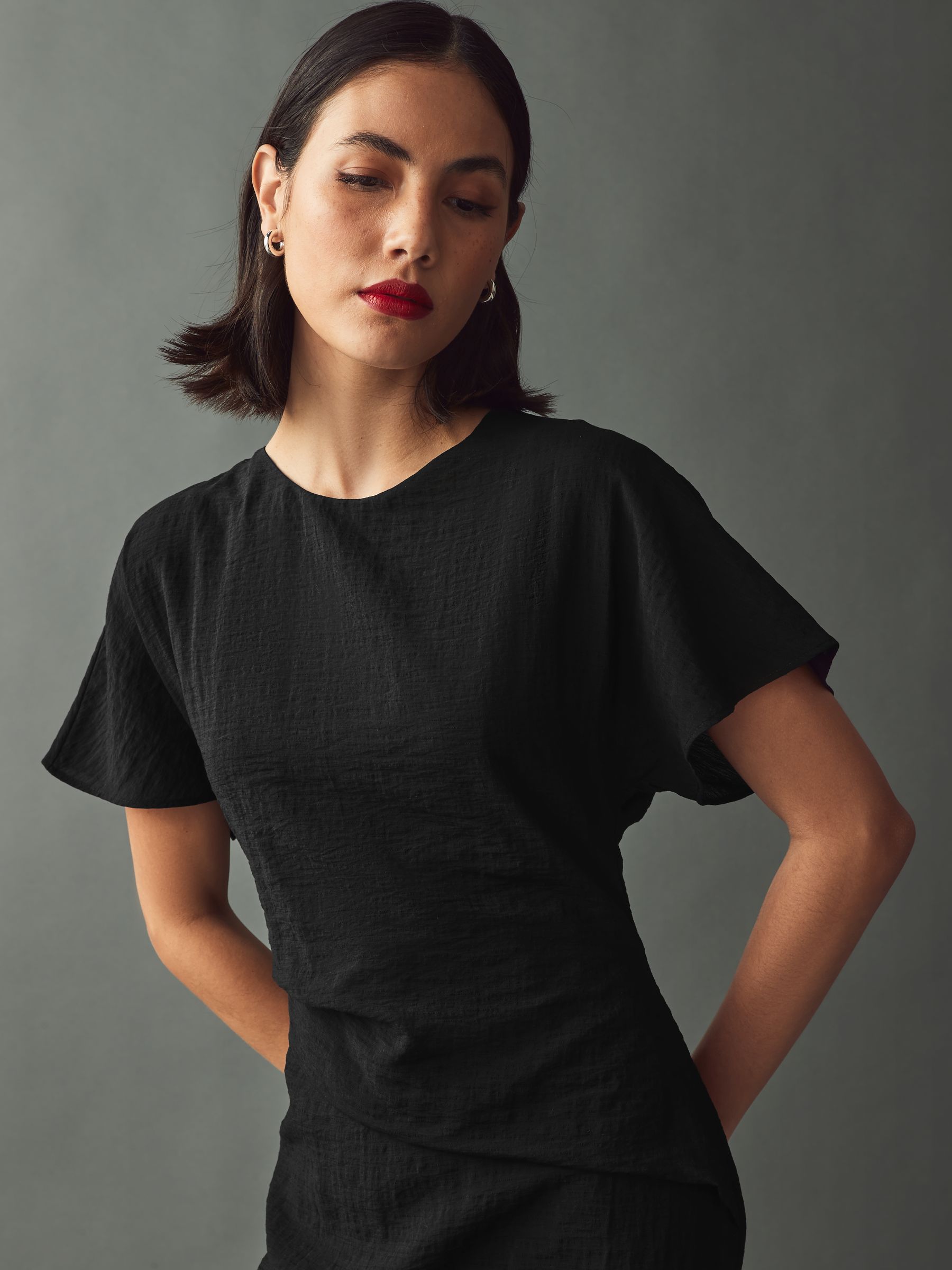 Buy Black Textured Short Sleeve Drape Detail Midi Dress from the Next ...