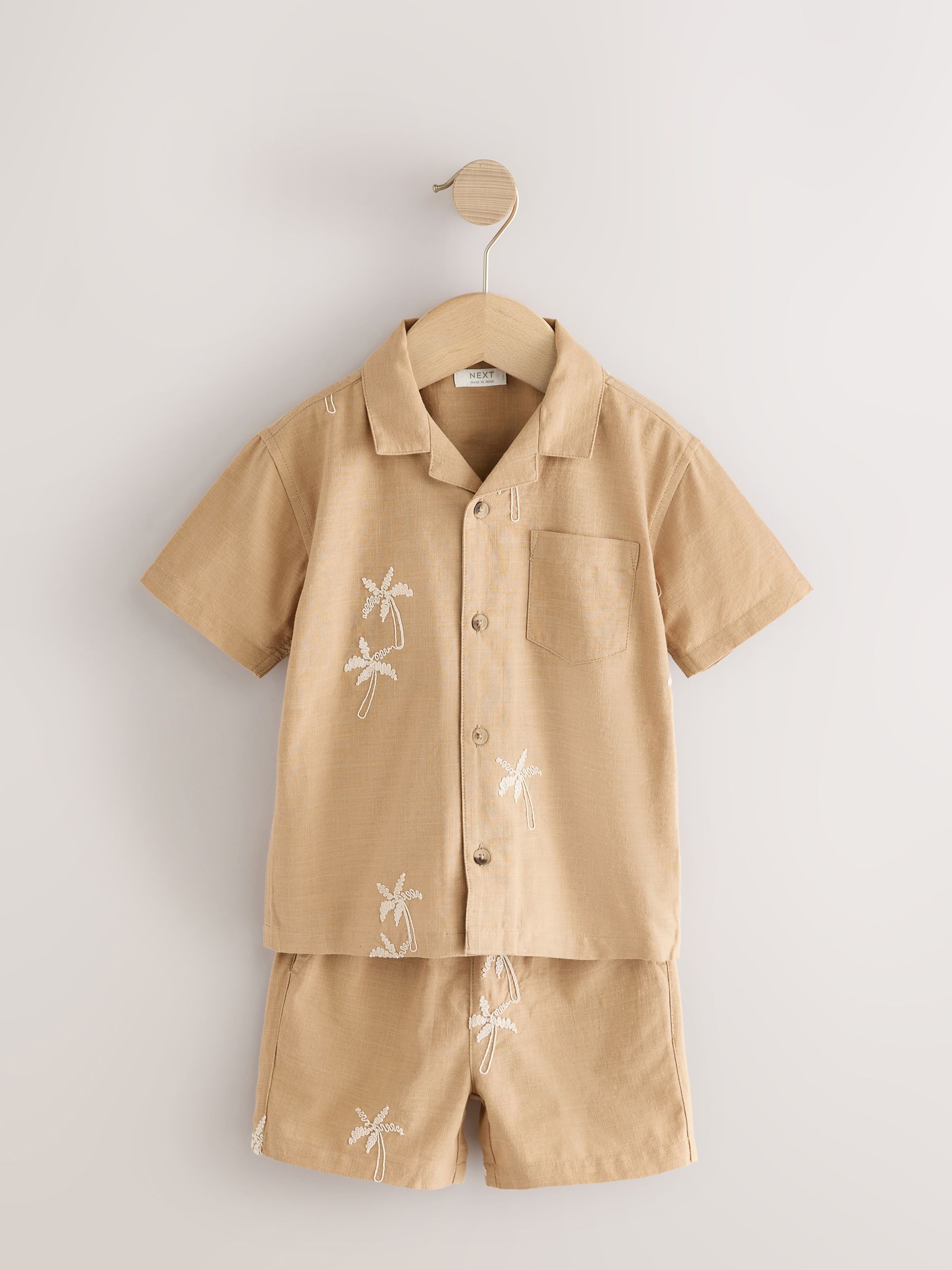 Buy Tan Brown Texture Palm Revere Collar Short Sleeve Shirt And Shorts ...