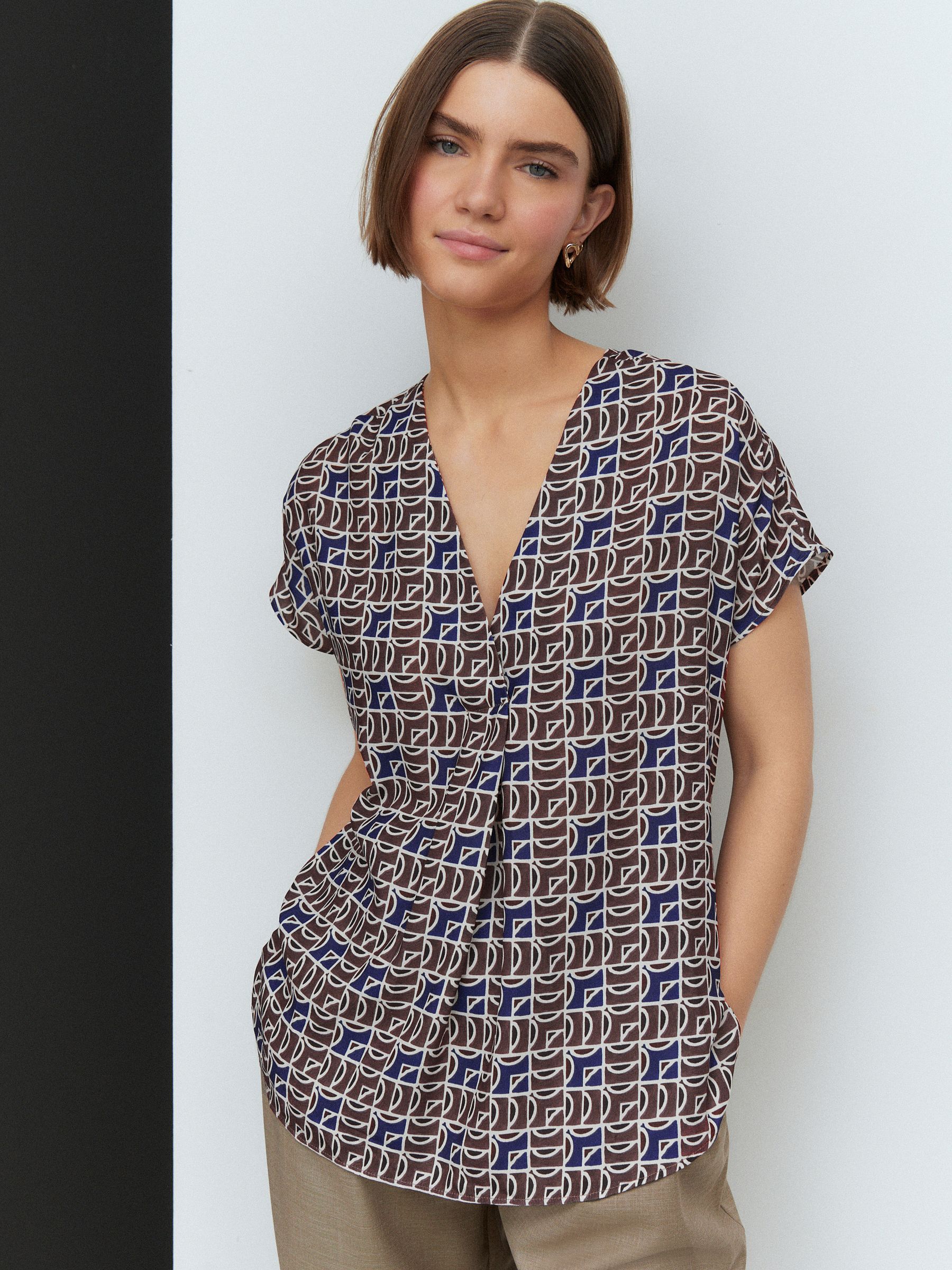Buy Navy/Brown Geo Print Relaxed Fit Short Sleeve Overhead V-Neck ...