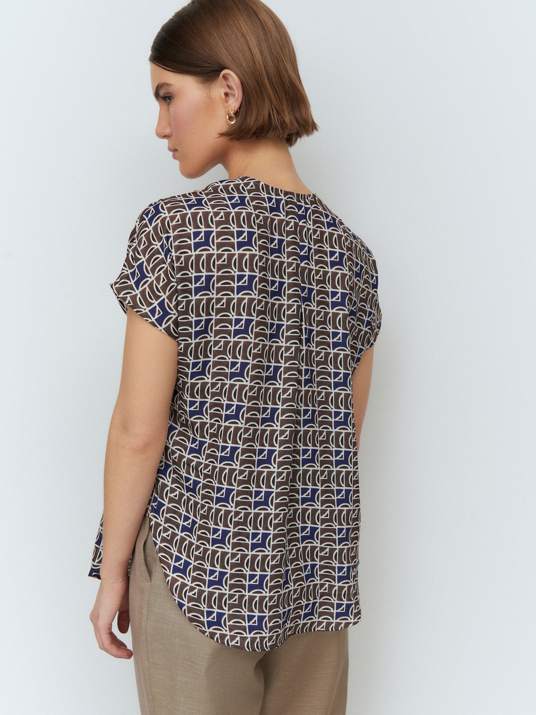 Buy Navy/Brown Geo Print Relaxed Fit Short Sleeve Overhead V-Neck ...