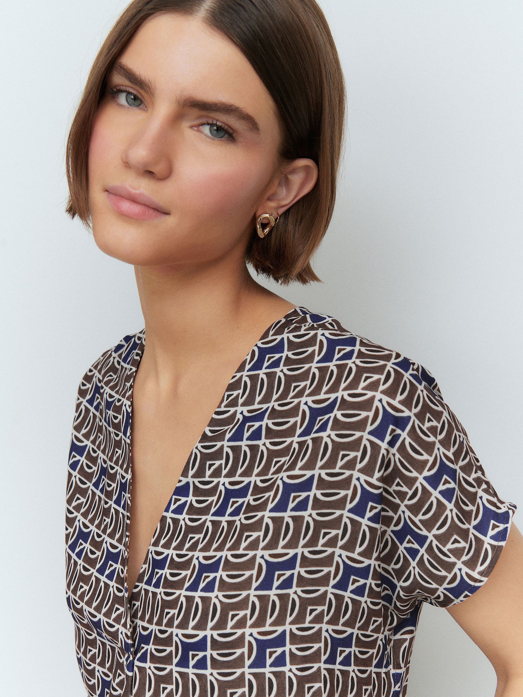 Buy Navy/Brown Geo Print Relaxed Fit Short Sleeve Overhead V-Neck ...