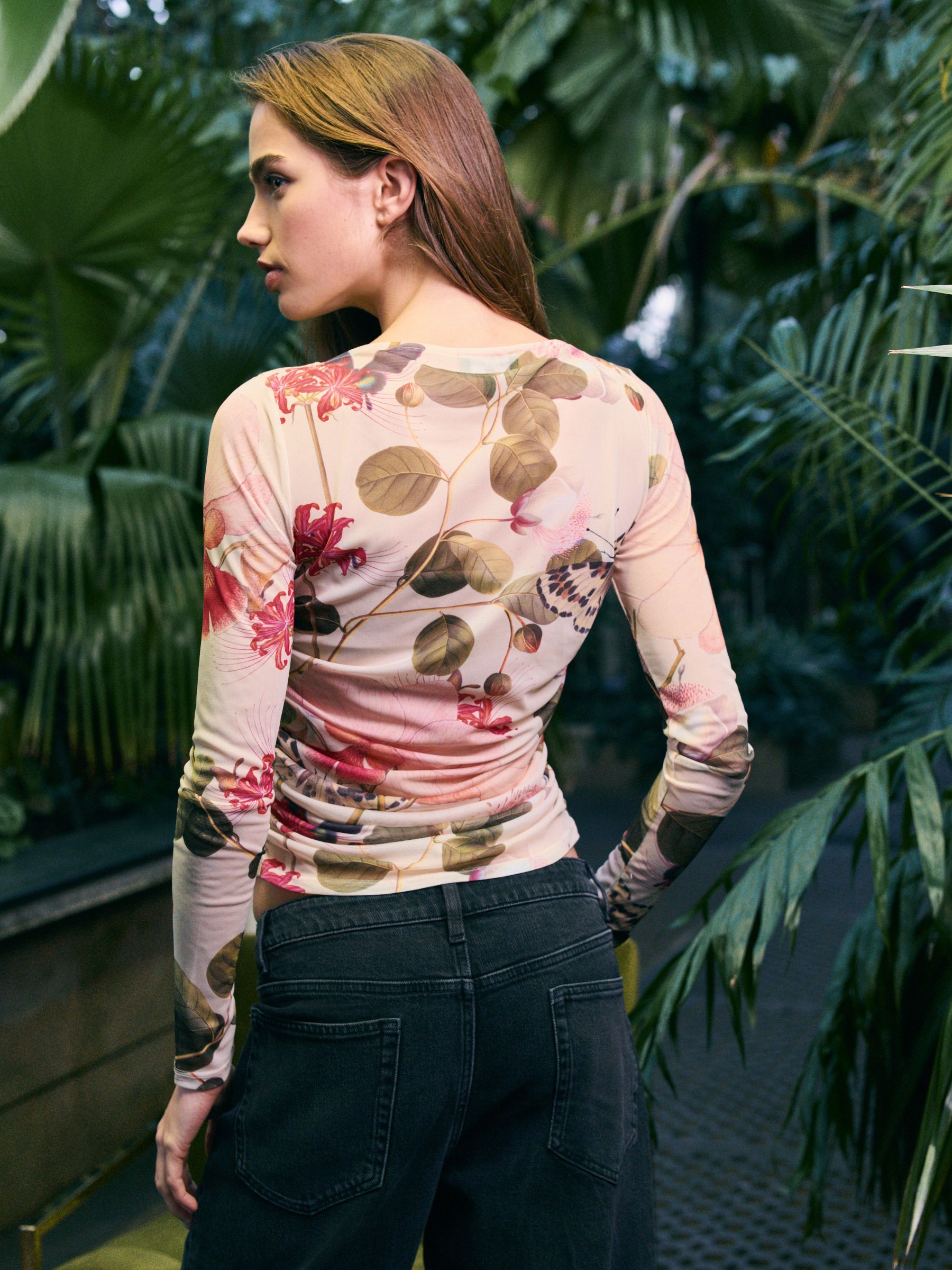Buy Ecru/Green Floral Long Sleeve Ruched Side Mesh Top from the Next UK ...