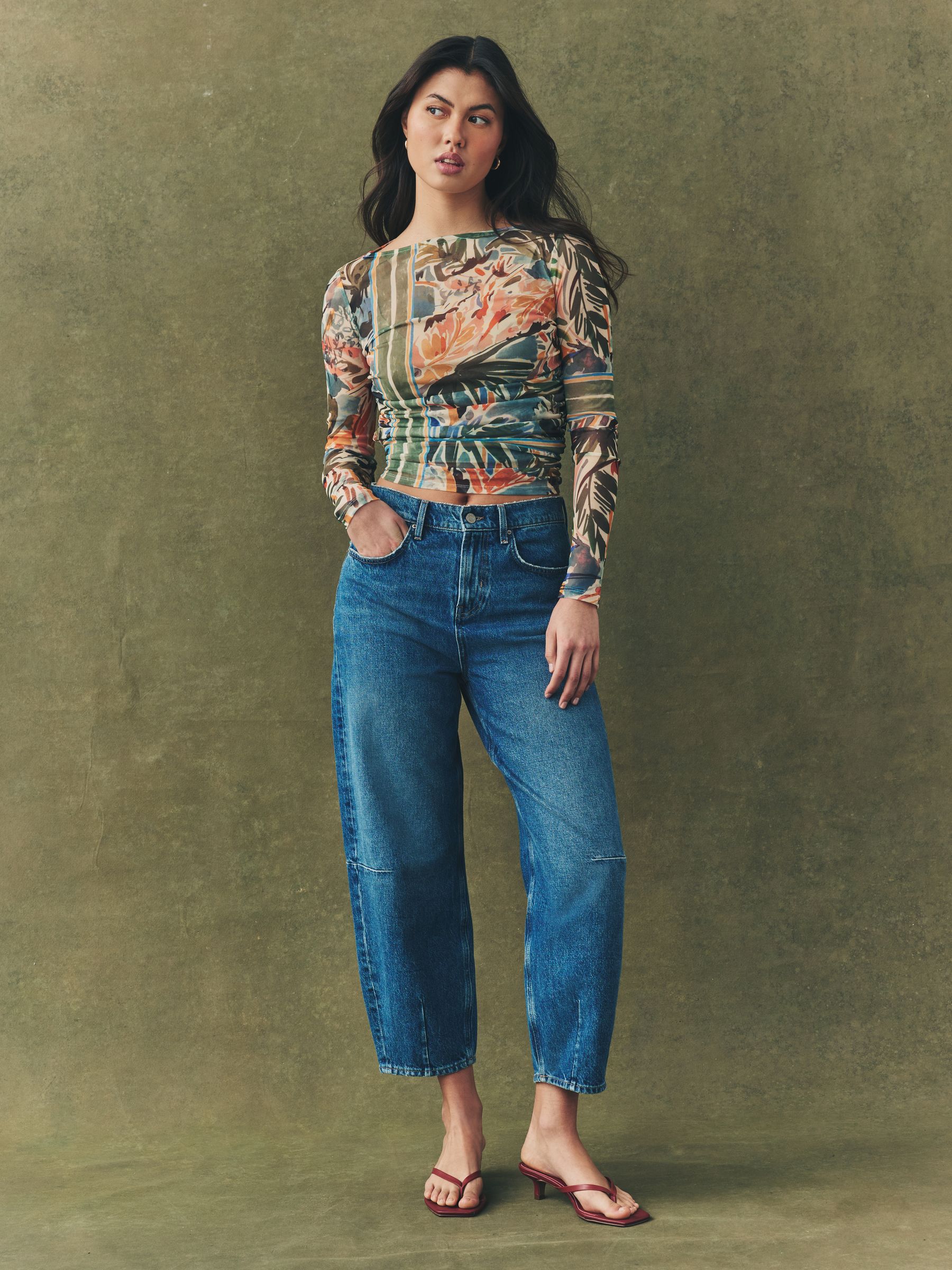 Buy Green Floral Print Long Sleeve Ruched Side Mesh Top from Next Australia