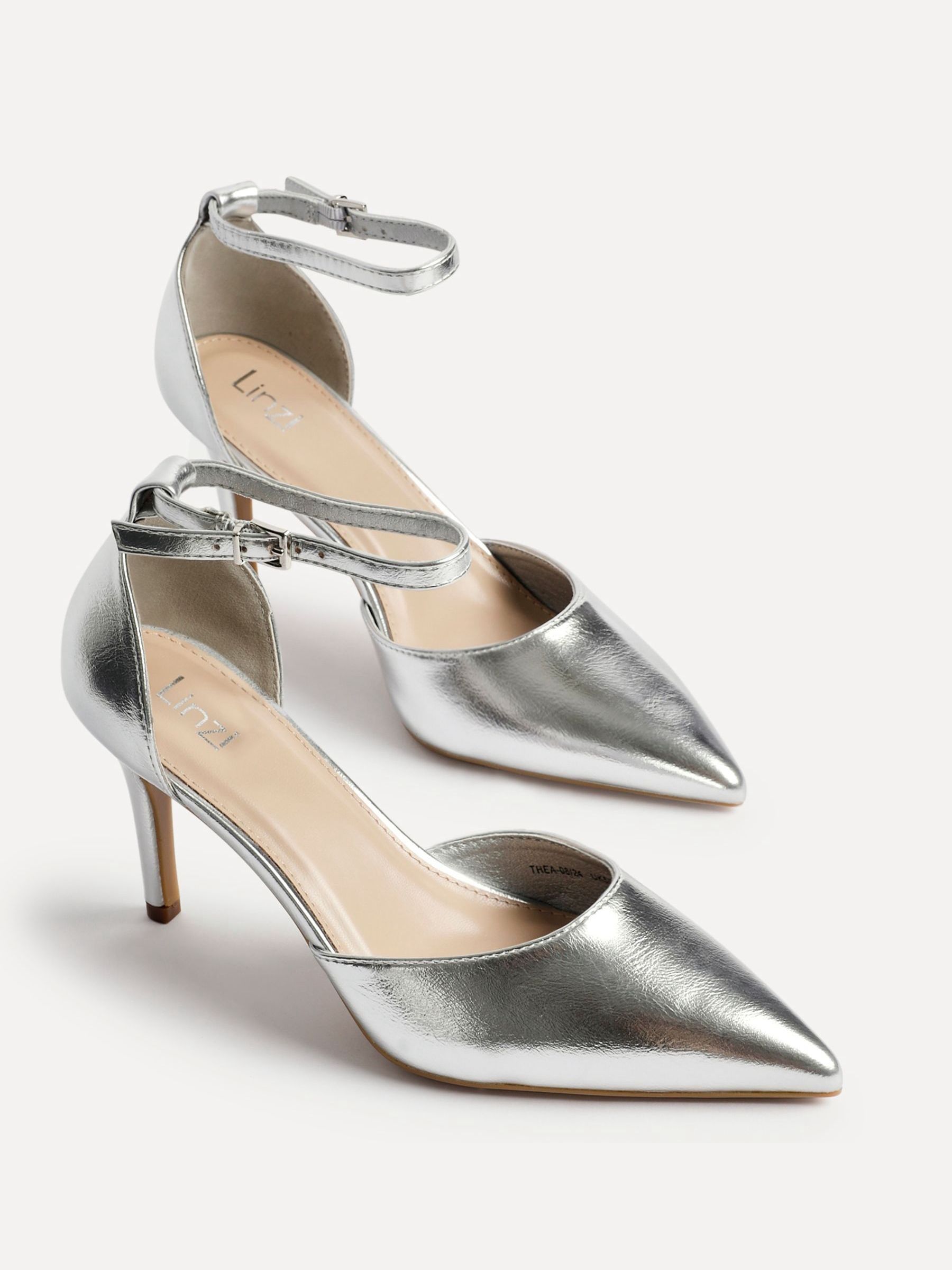 Buy Linzi Silver Thea Closed Back Stiletto Court Heels With Ankle Strap ...