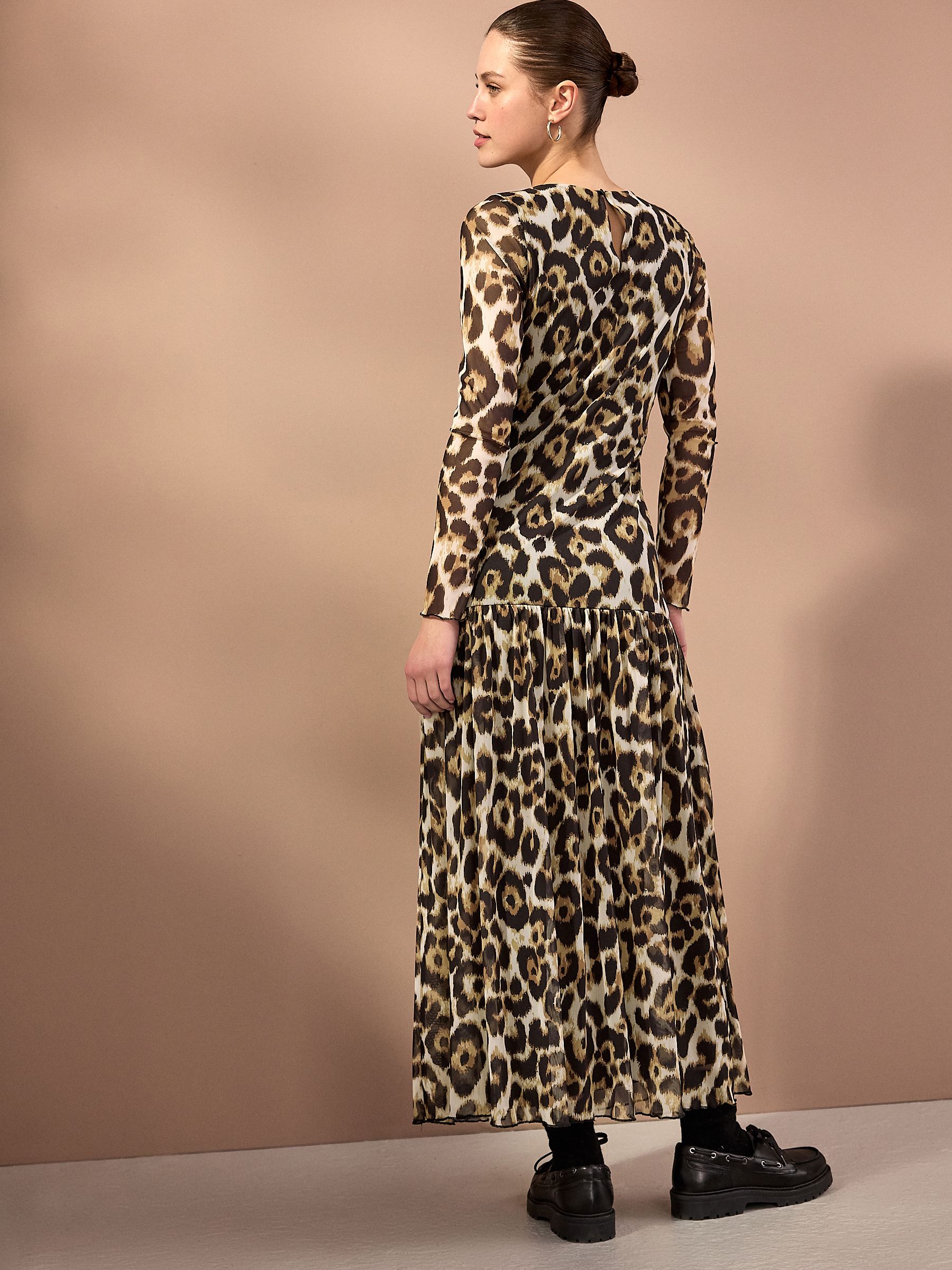 Buy Leopard Print Long Sleeve Drop Waist Mesh Maxi Dress from the Next ...