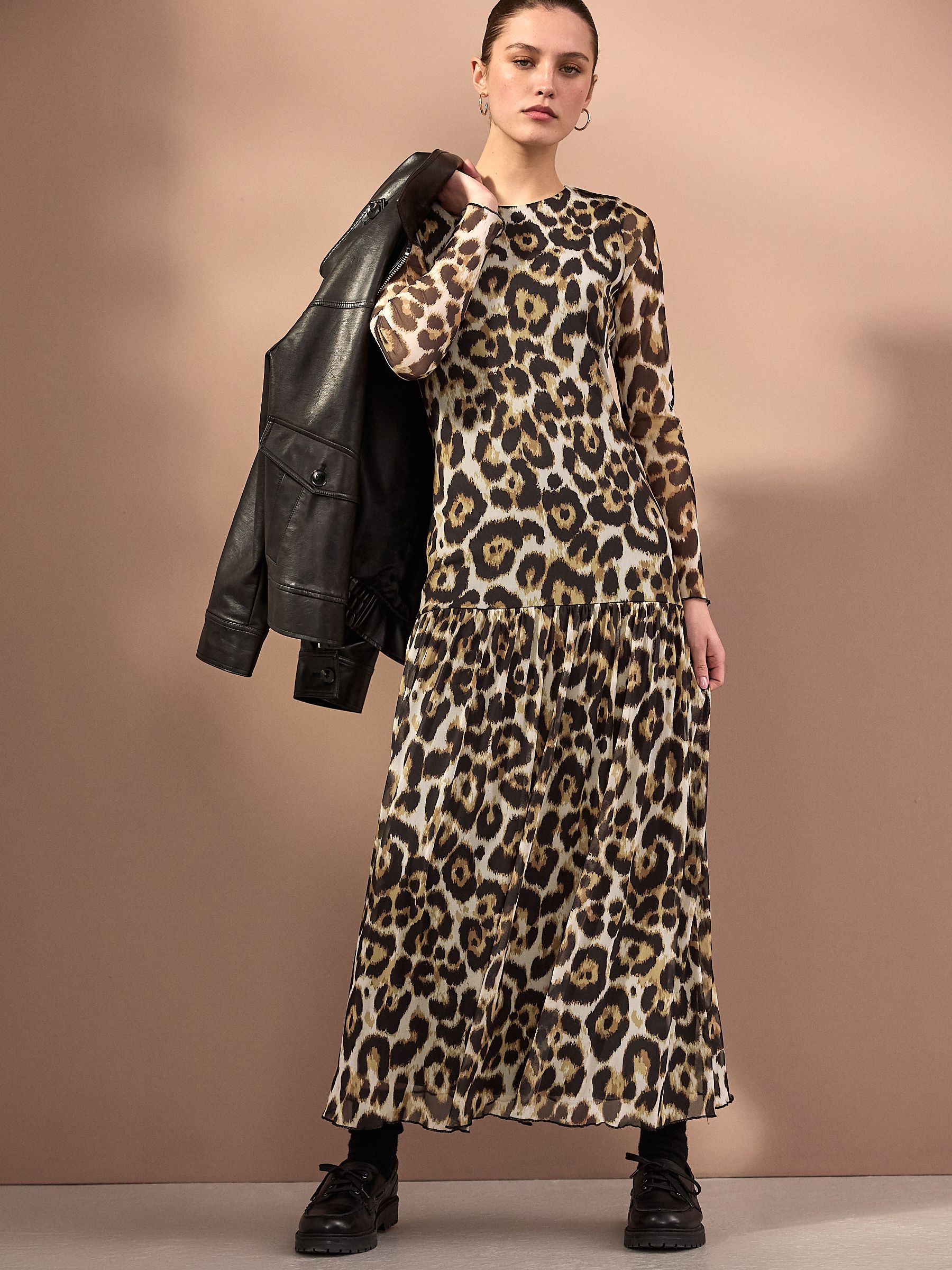 Buy Leopard Print Long Sleeve Drop Waist Mesh Maxi Dress from the Next ...