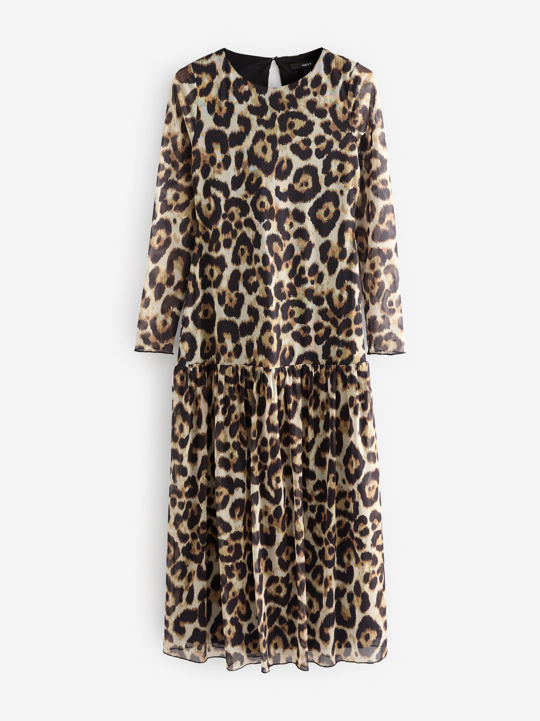 Buy Leopard Print Long Sleeve Drop Waist Mesh Maxi Dress from the Next ...