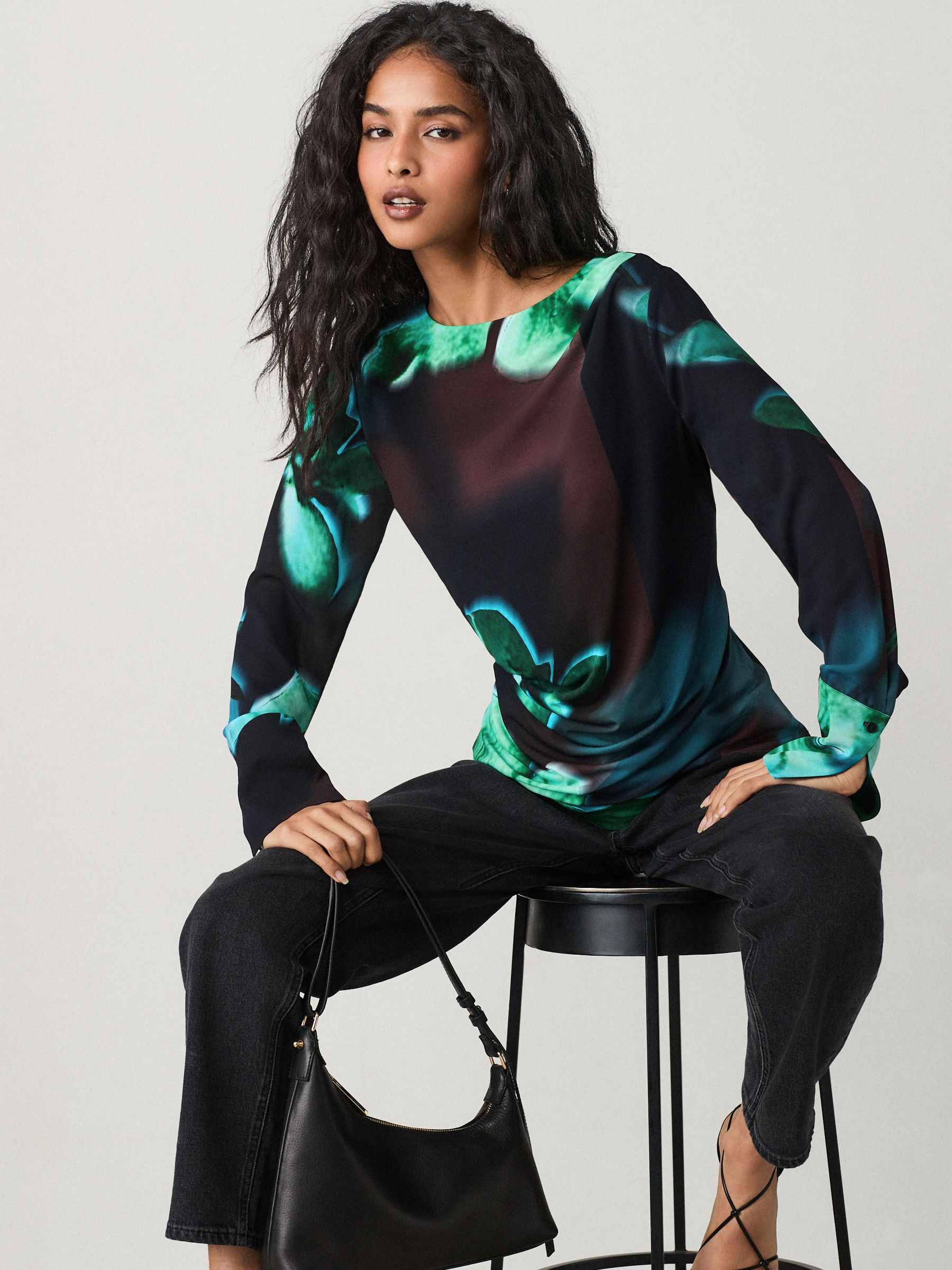 Buy Black/Green Floral Print Long Sleeve Ruched Detail Blouse from the ...