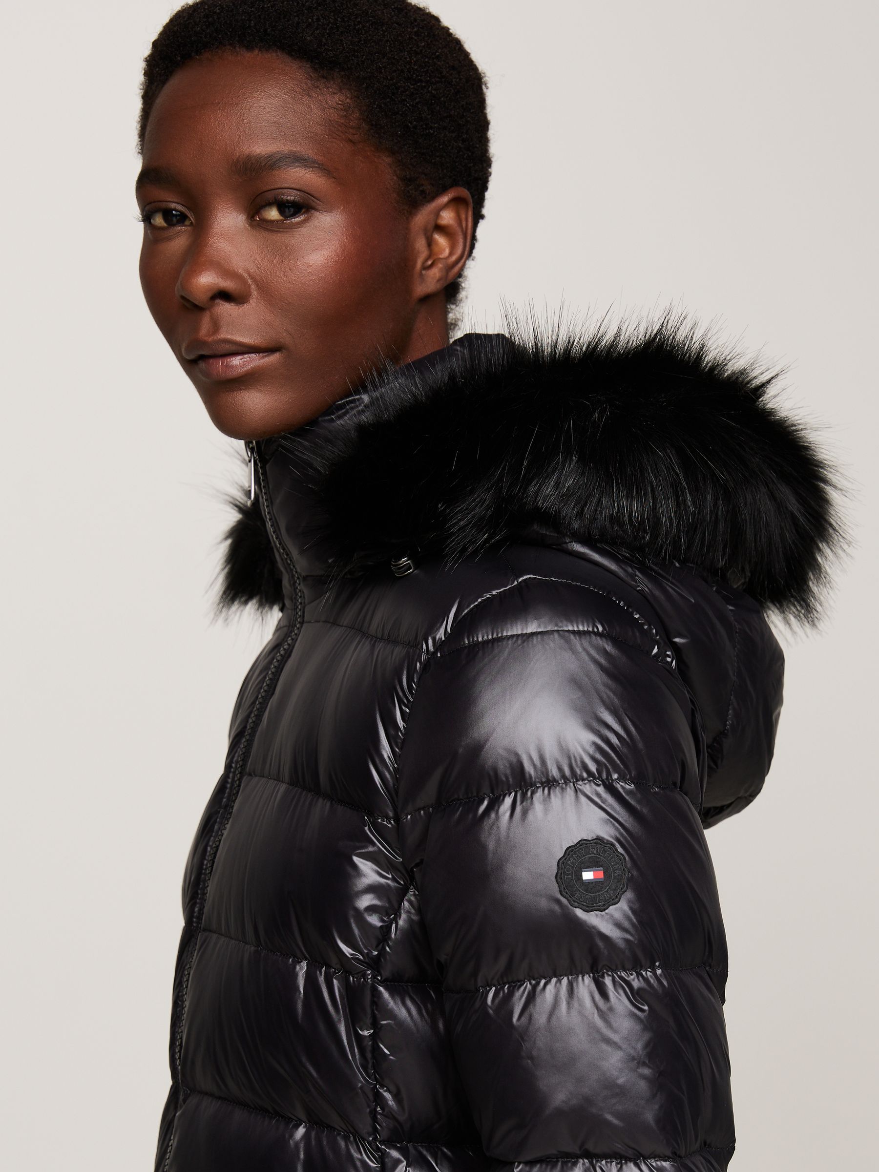 Buy Tommy Hilfiger Black Tommy Hilfiger Gloss Down Tyra Brown Coat With ...