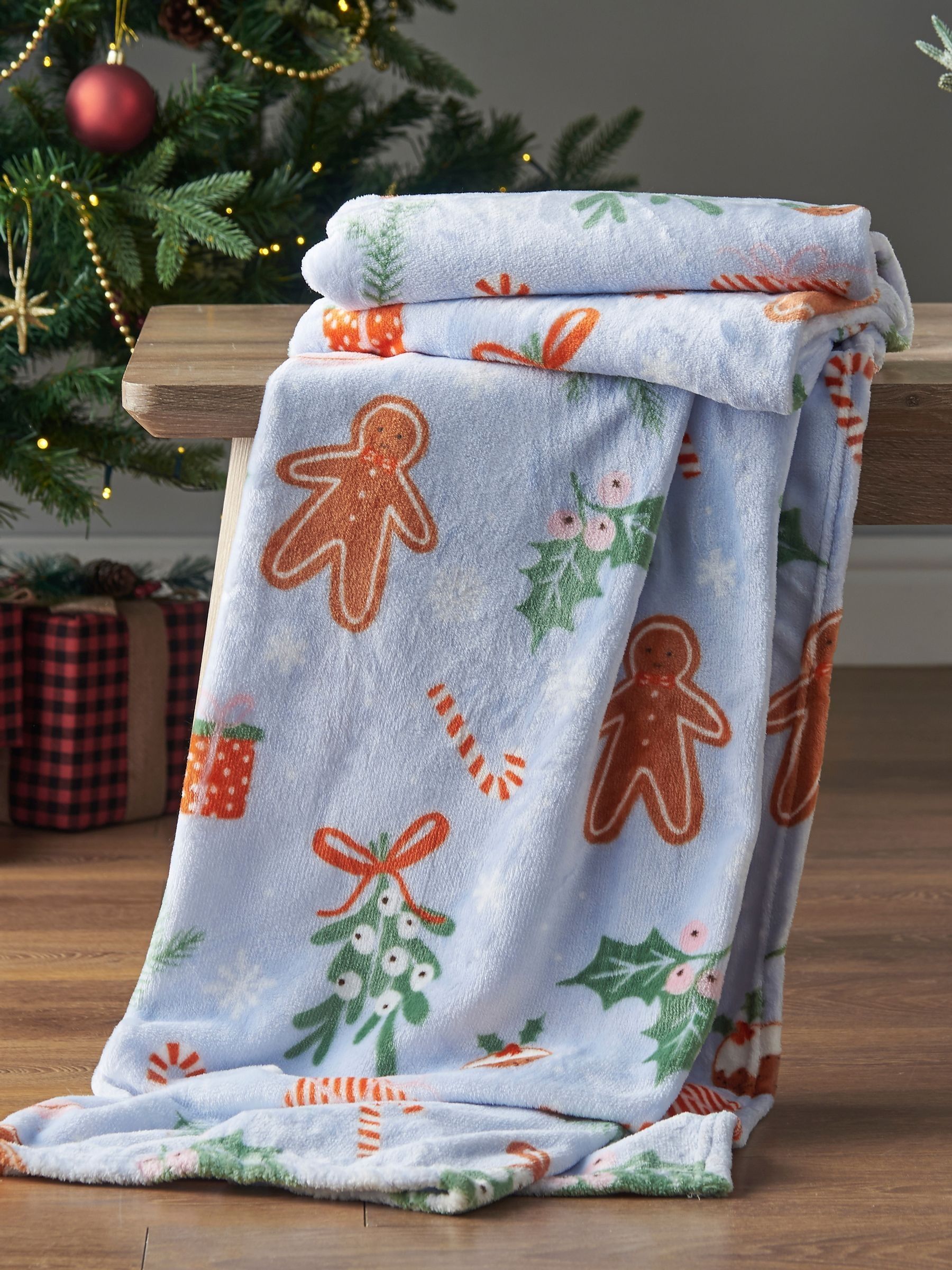 Buy Catherine Lansfield Blue Christmas Gingerbread Soft and Cosy Fleece ...