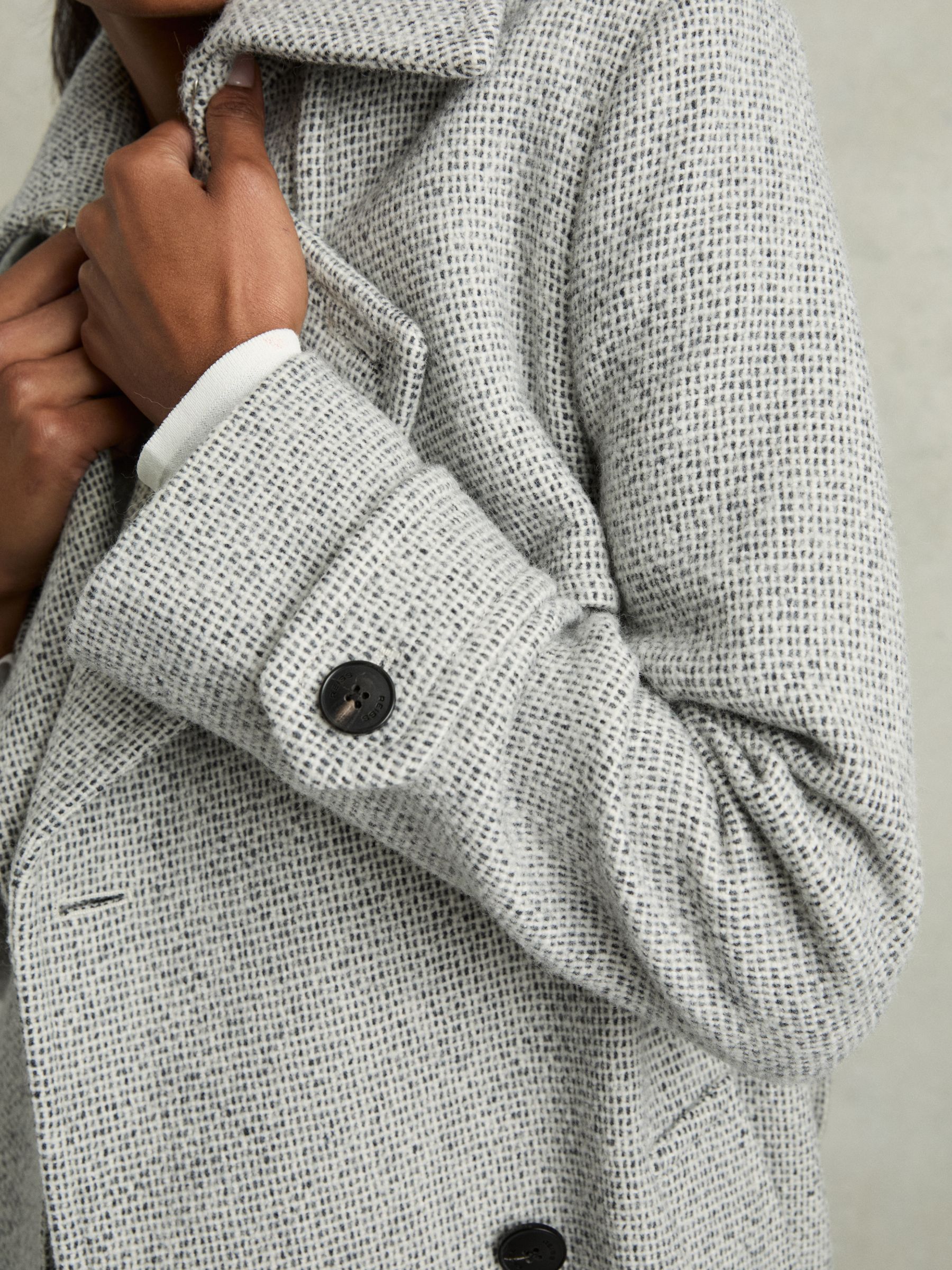 Buy Reiss Black/White Alba Wool-Blend Double-Breasted Check Trench Coat ...