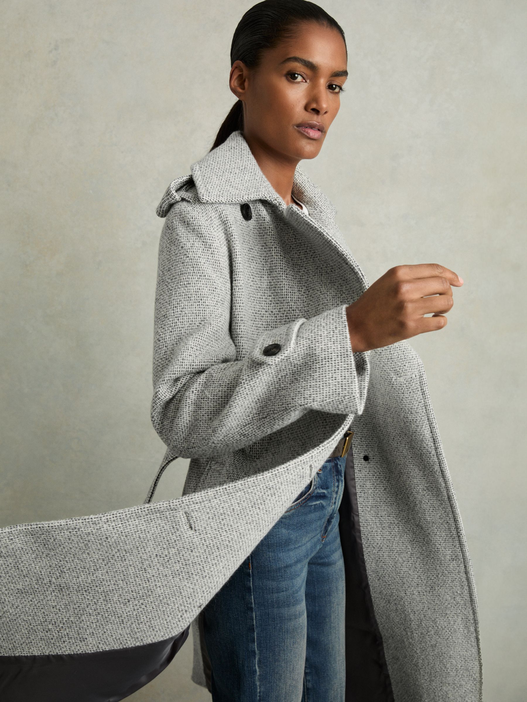 Buy Reiss Black/White Alba Wool-Blend Double-Breasted Check Trench Coat ...