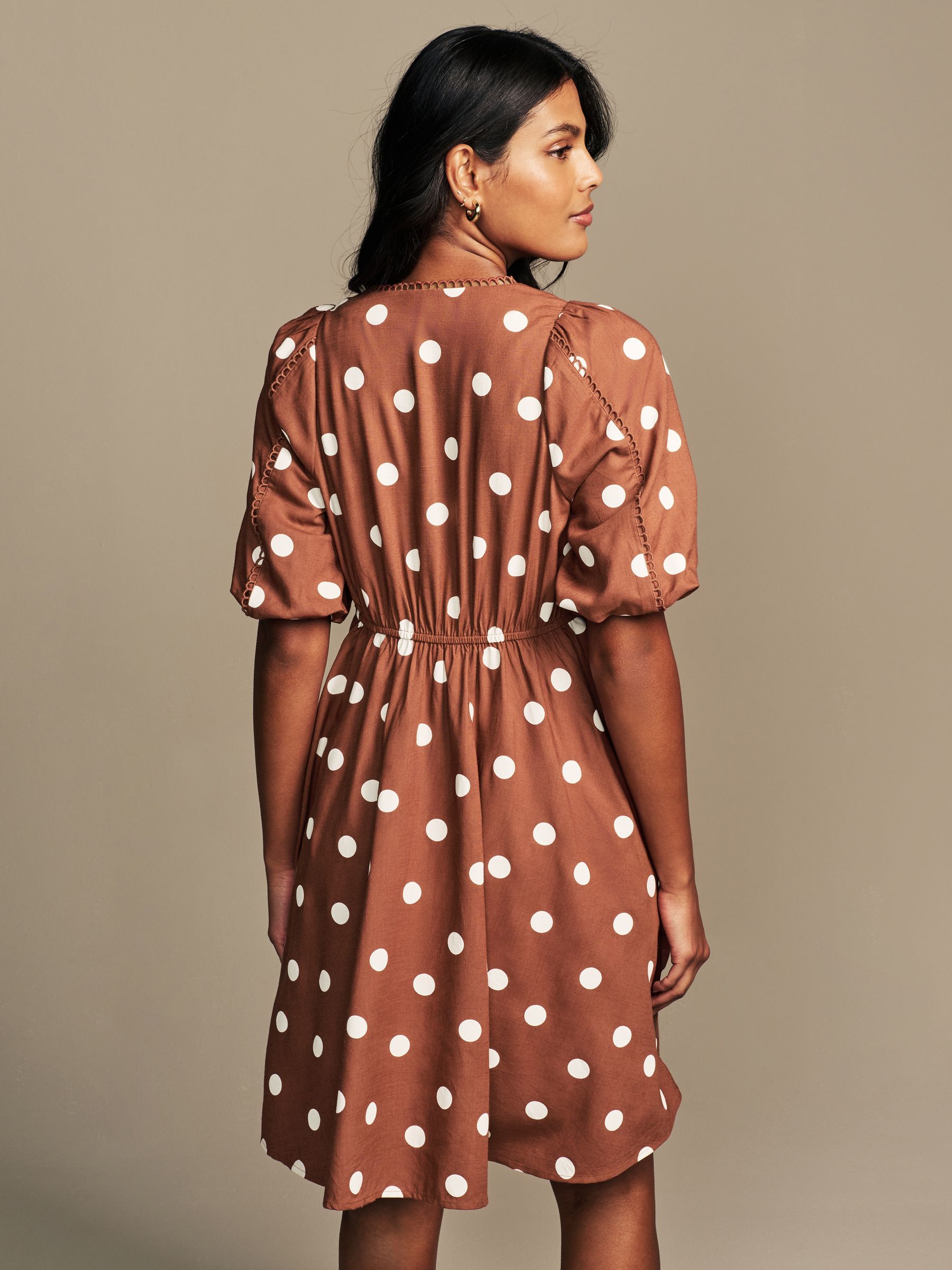 Laura Ashley Rust Brown Bubble Sleeve Lace Trim Mini Dress | Laura Ashley