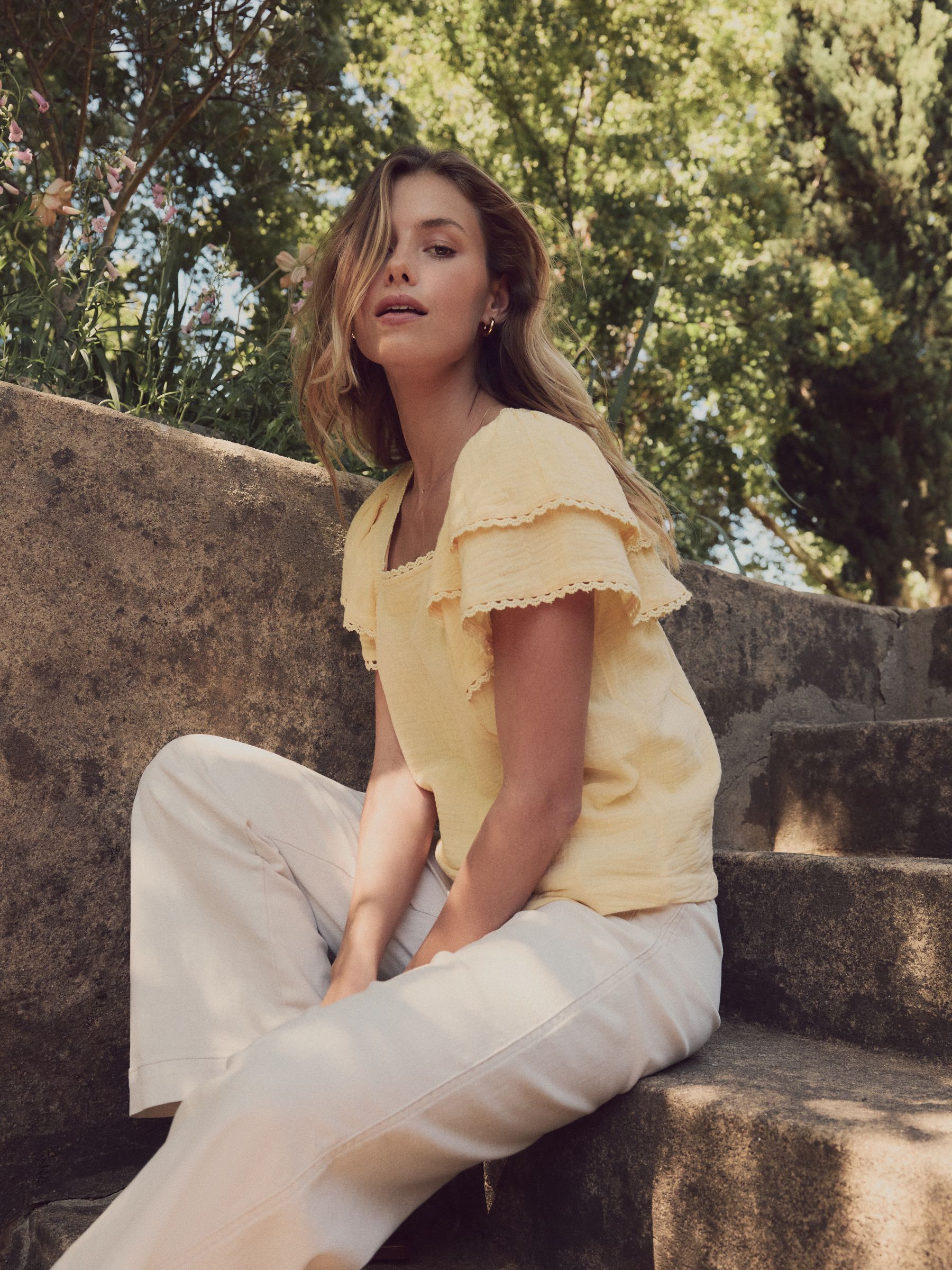 Buy Laura Ashley Buttermilk Yellow Ruffle Sleeve 100% Cotton Top with ...