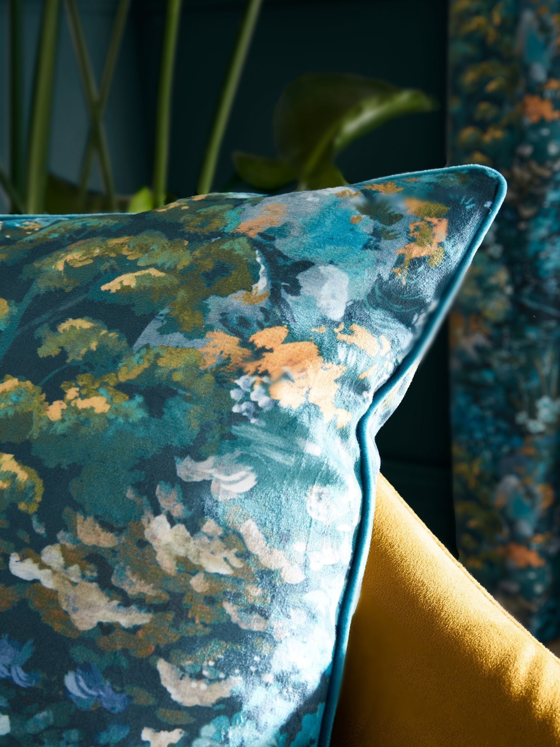 RHS Blue Garden Walk Piped Soft Touch Velour Large Cushion