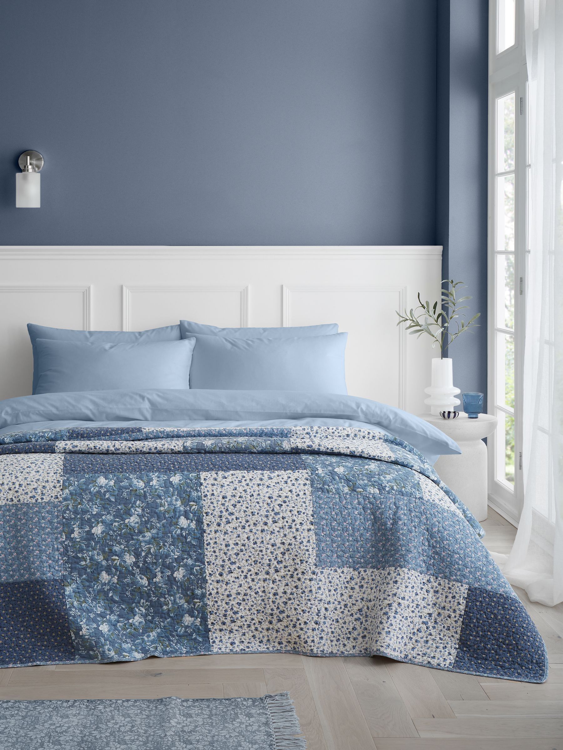 Buy Bianca Blue 100% Cotton Floral Patchwork Bedspread Throw from the ...