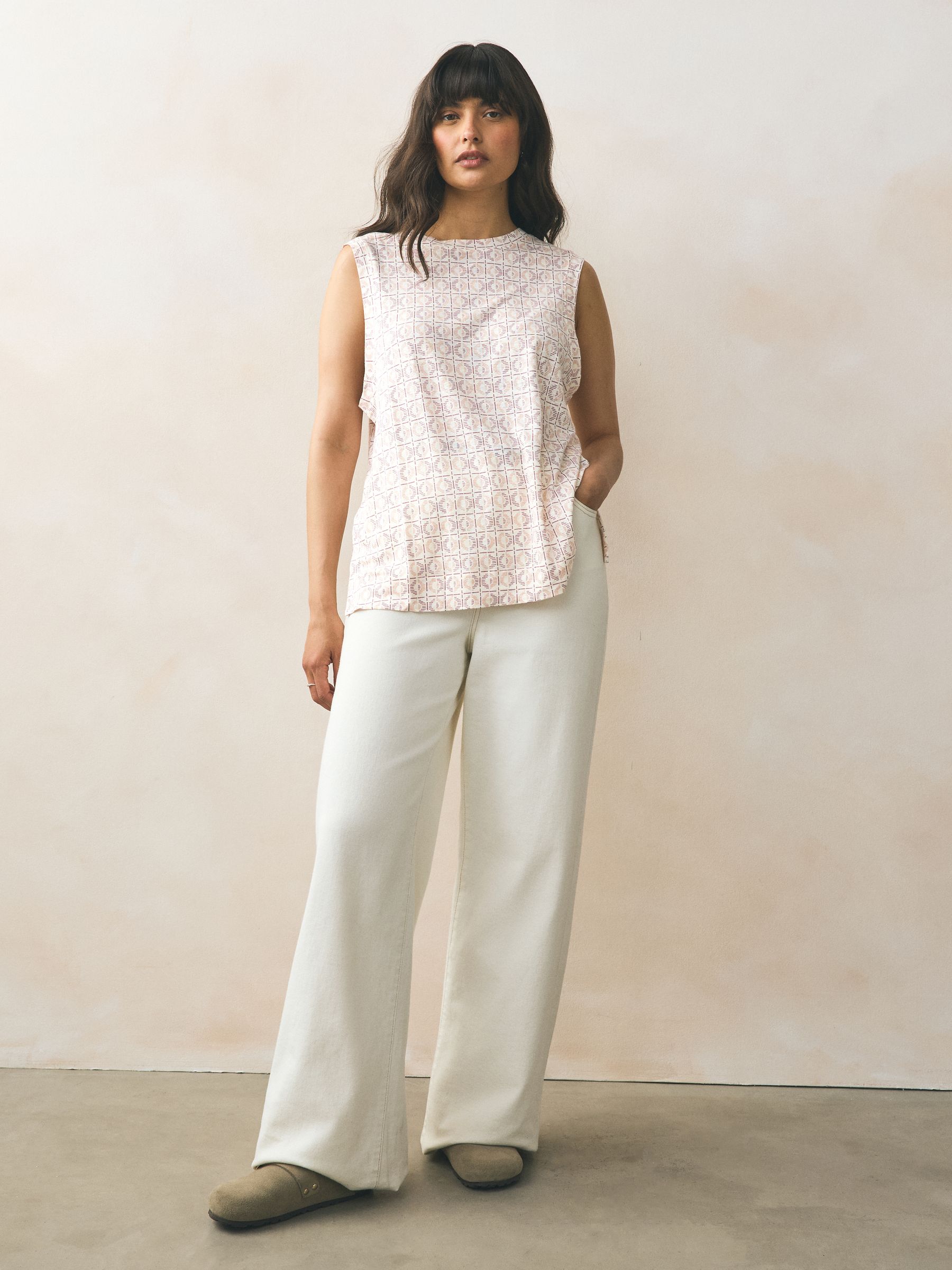 Buy Ecru Tile Print Linen Modal Soft Touch Sleeveless Crew Neck Tank ...