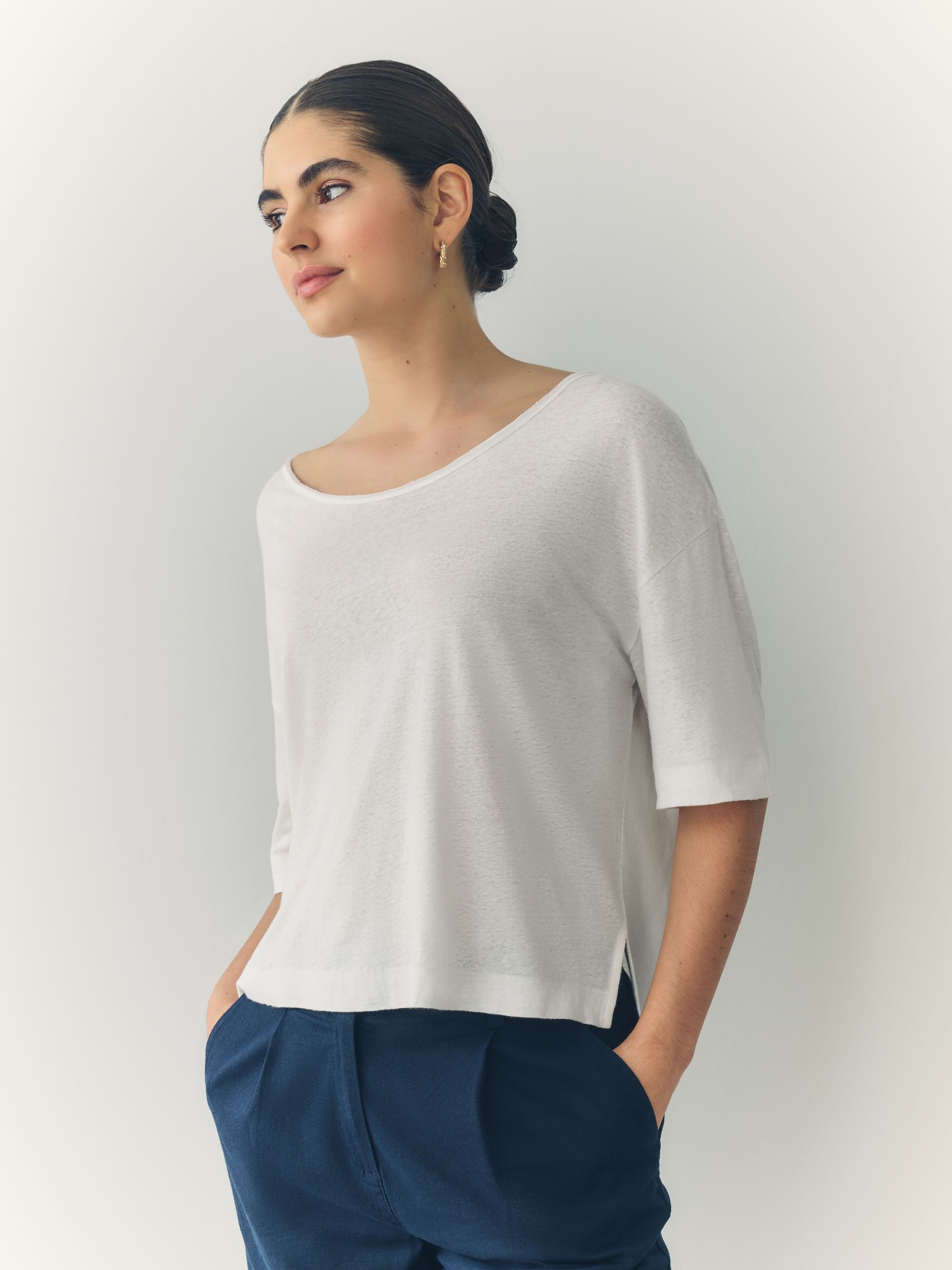 Buy Ecru Linen Modal Blend Soft Touch Scoop Neck T-Shirt from the Next ...