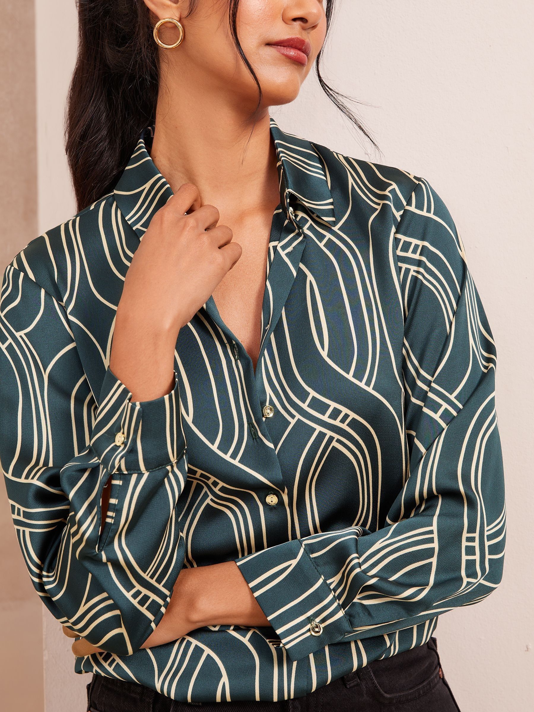 Buy Friends Like These Green Satin Long Sleeve Button Through Shirt from the Next UK online shop