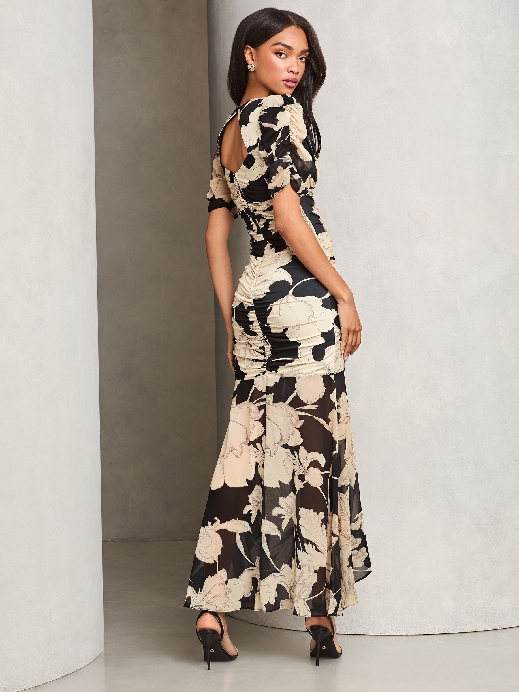 Buy Lipsy Black/White Floral Ruched Fabric Mix Midaxi Ruffle Dress from ...