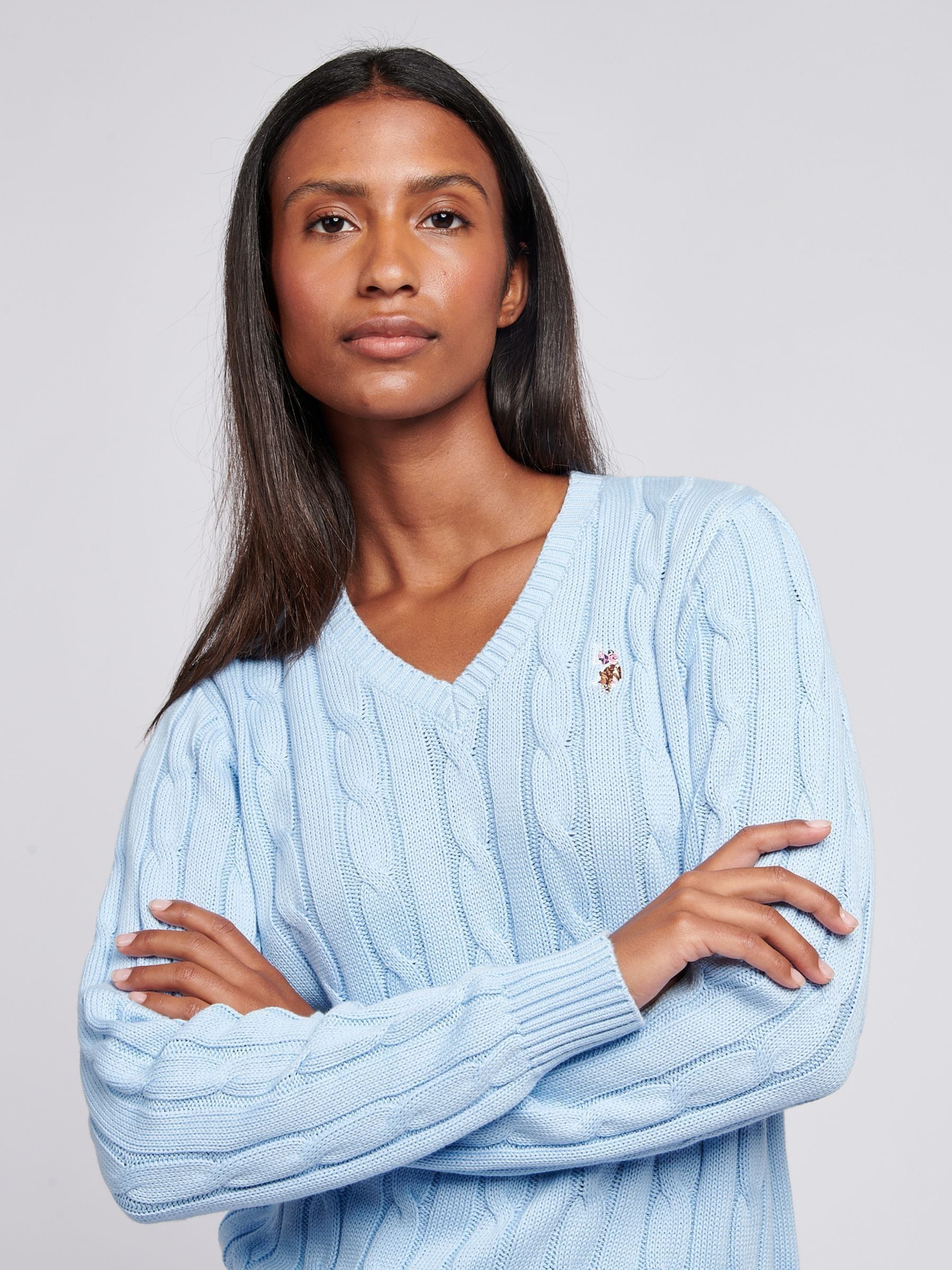 Buy U.S. Polo Assn. Light Blue Womens V-Neck Cable Knit Buy U.S. Polo Assn. Light Blue Womens V-Neck Cable Knit