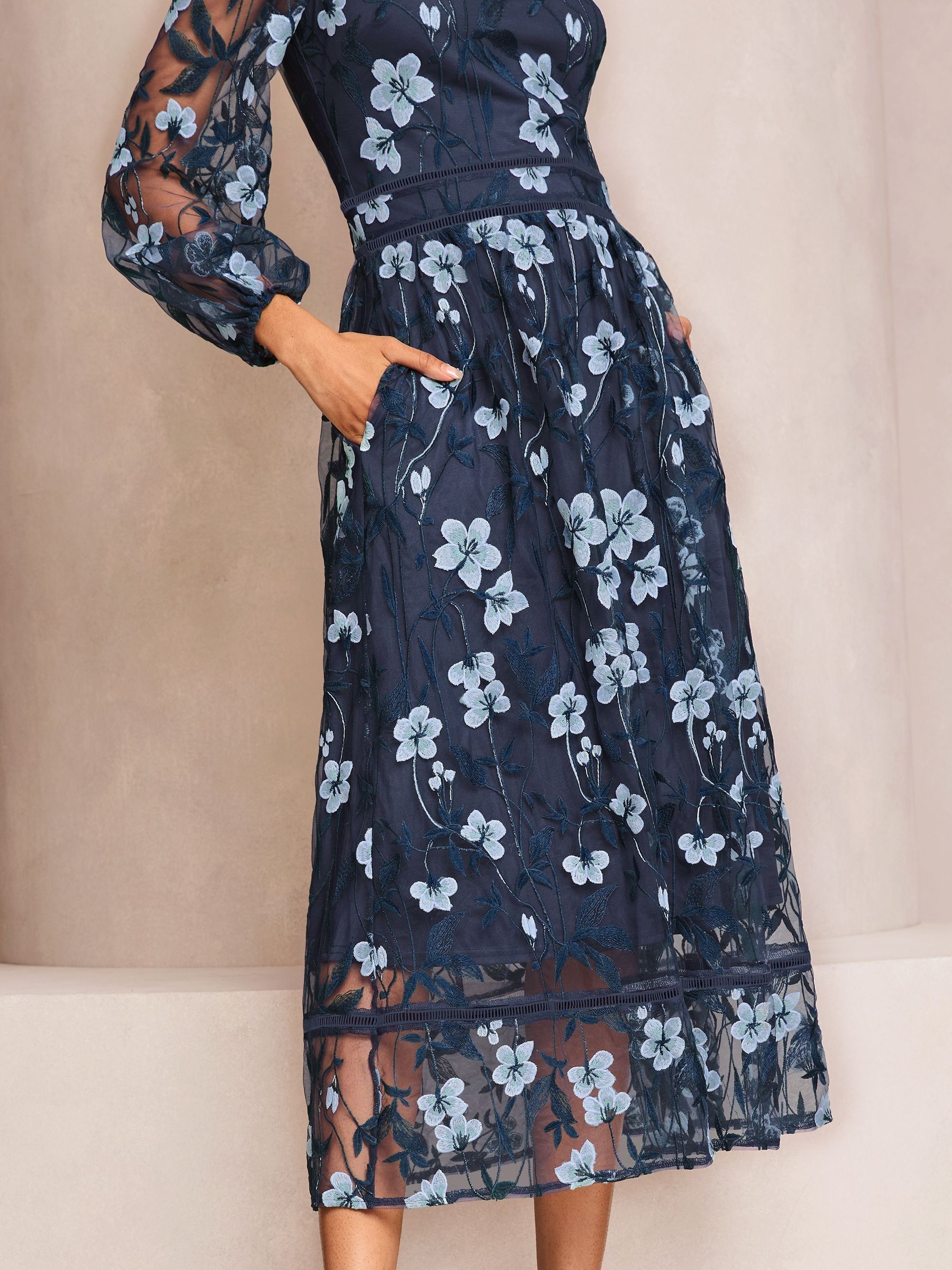 Buy Lipsy Navy Premium Long Sleeve Embroidered Floral Prom Midi Dress ...