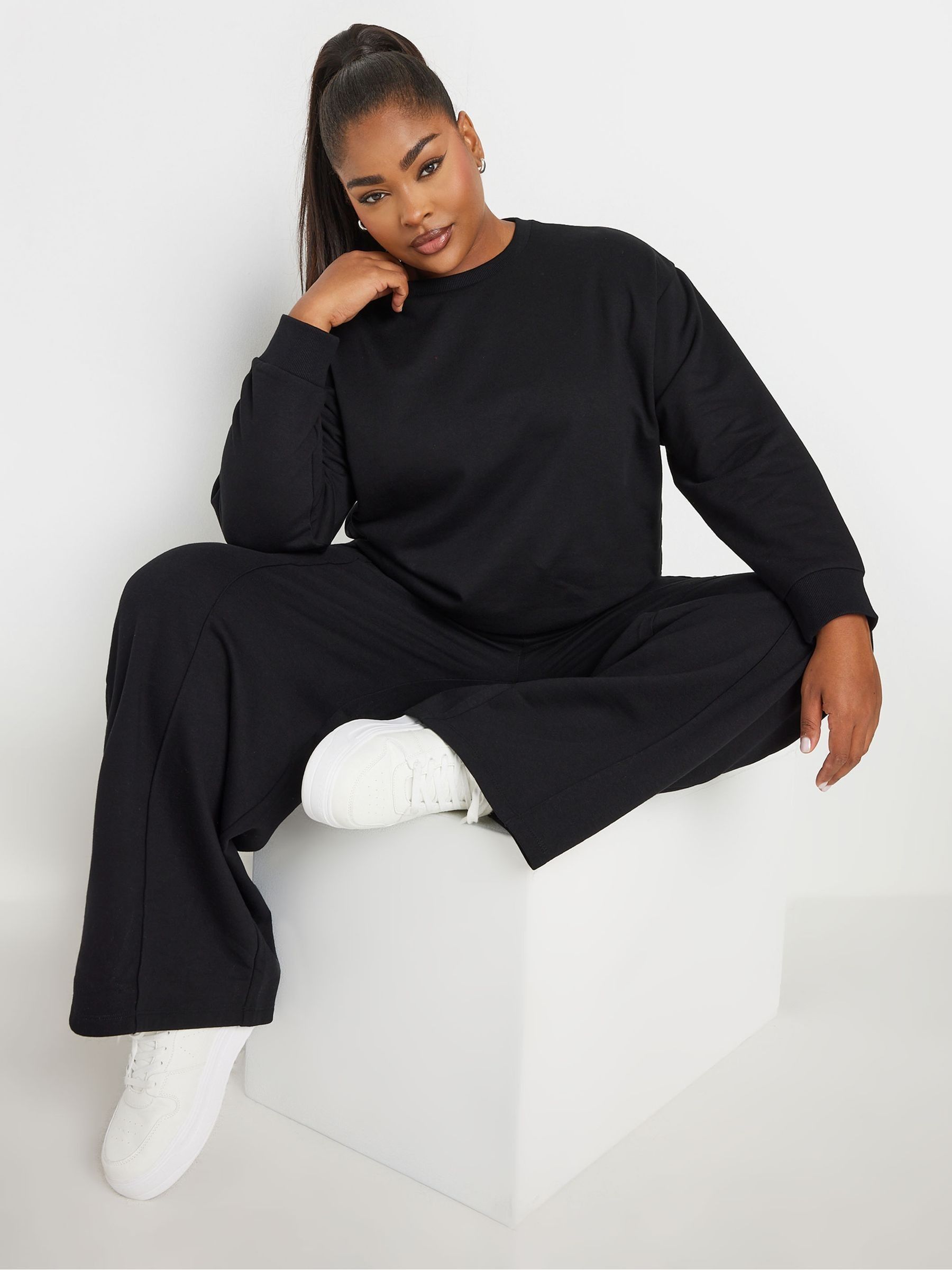 Buy Yours Curve Black Crewneck Sweatshirt With Wide Leg Joggers Set ...