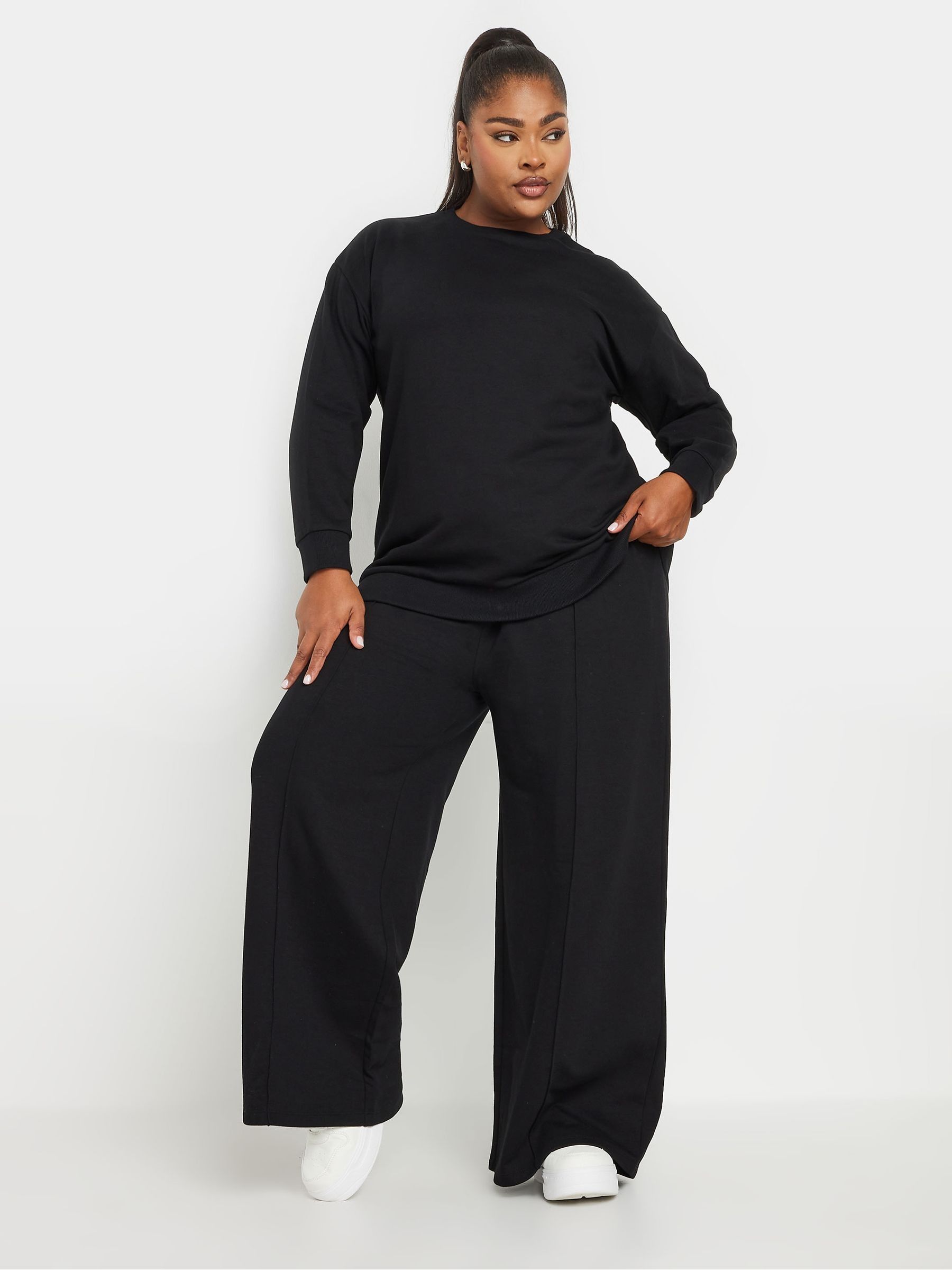 Buy Yours Curve Black Crewneck Sweatshirt With Wide Leg Joggers Set ...