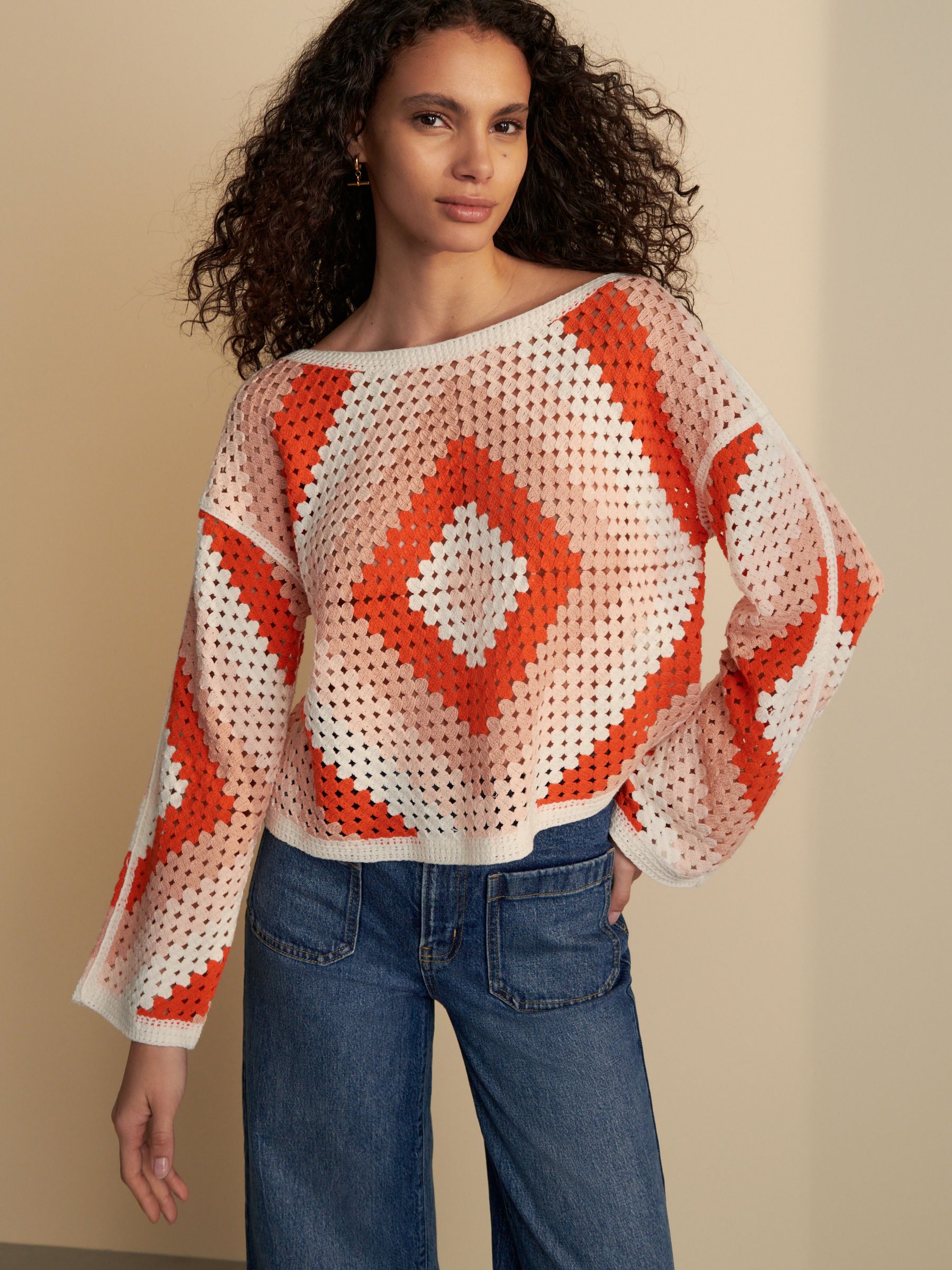 Buy Orange Neutral - Square Crochet Long Sleeve Open Neck Jumper with ...