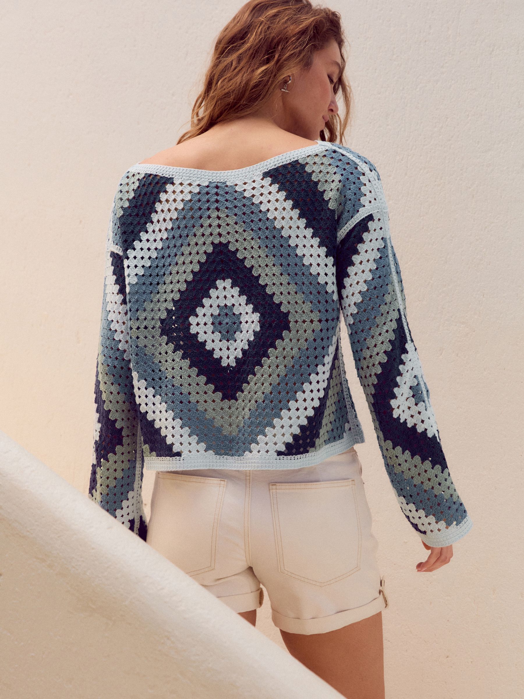 Buy Blue Square Crochet Long Sleeve Open Neck Jumper with Cotton from ...