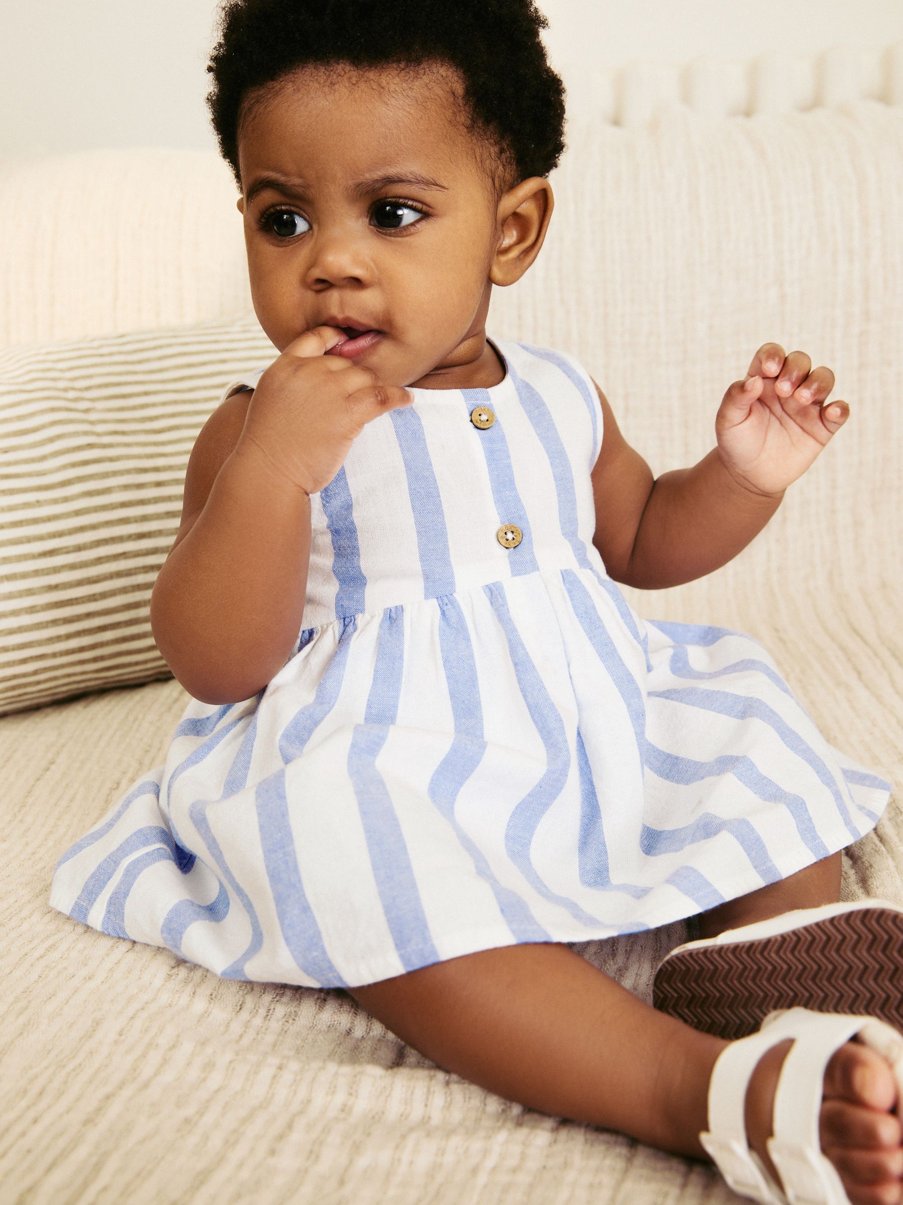Buy Blue/White Stripe Woven Integral 100% Cotton Baby Dress (0mths-2yrs ...