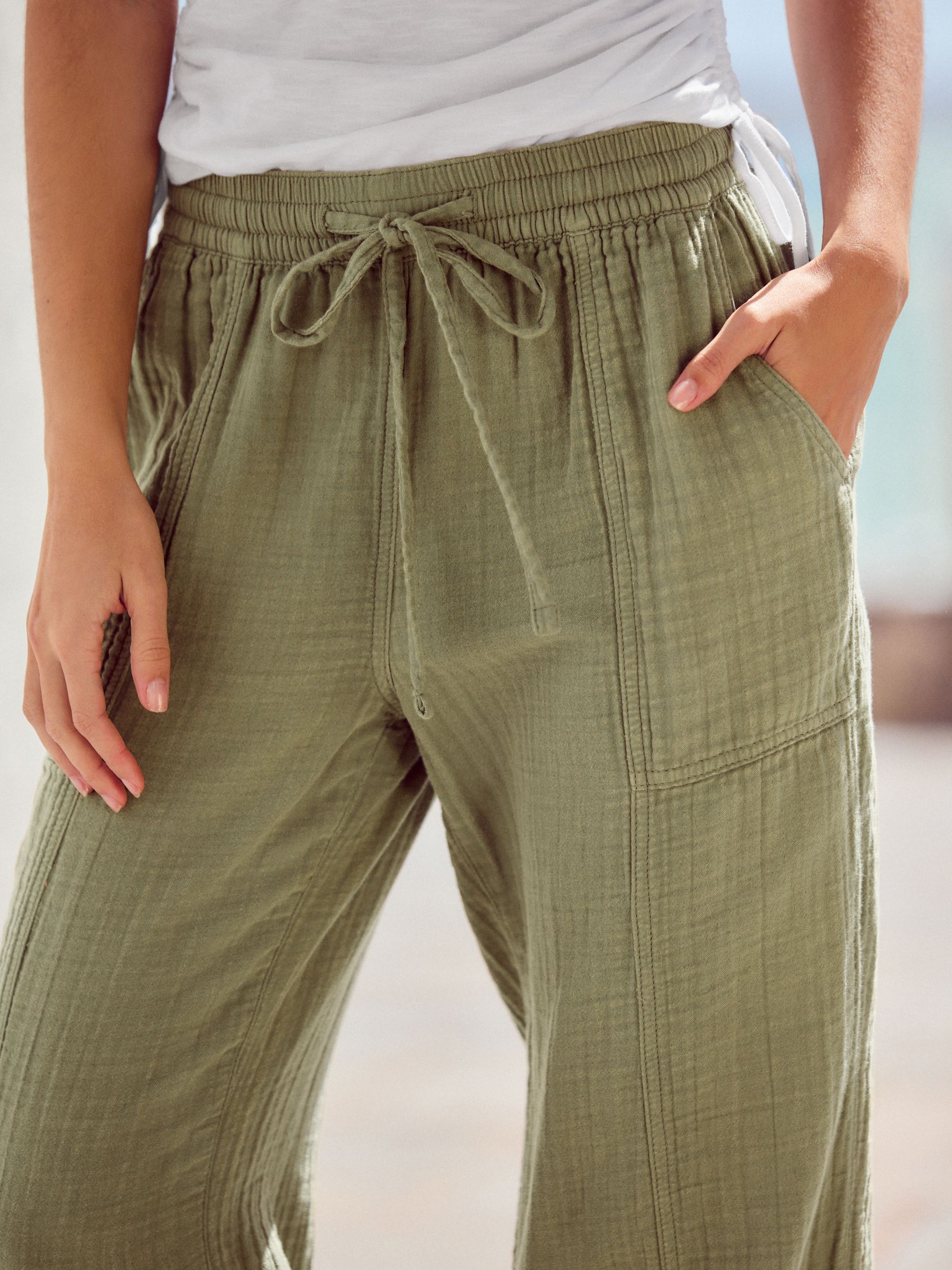 Buy Khaki Green 100% Cotton Double Cloth Pull On Harem Trousers from ...