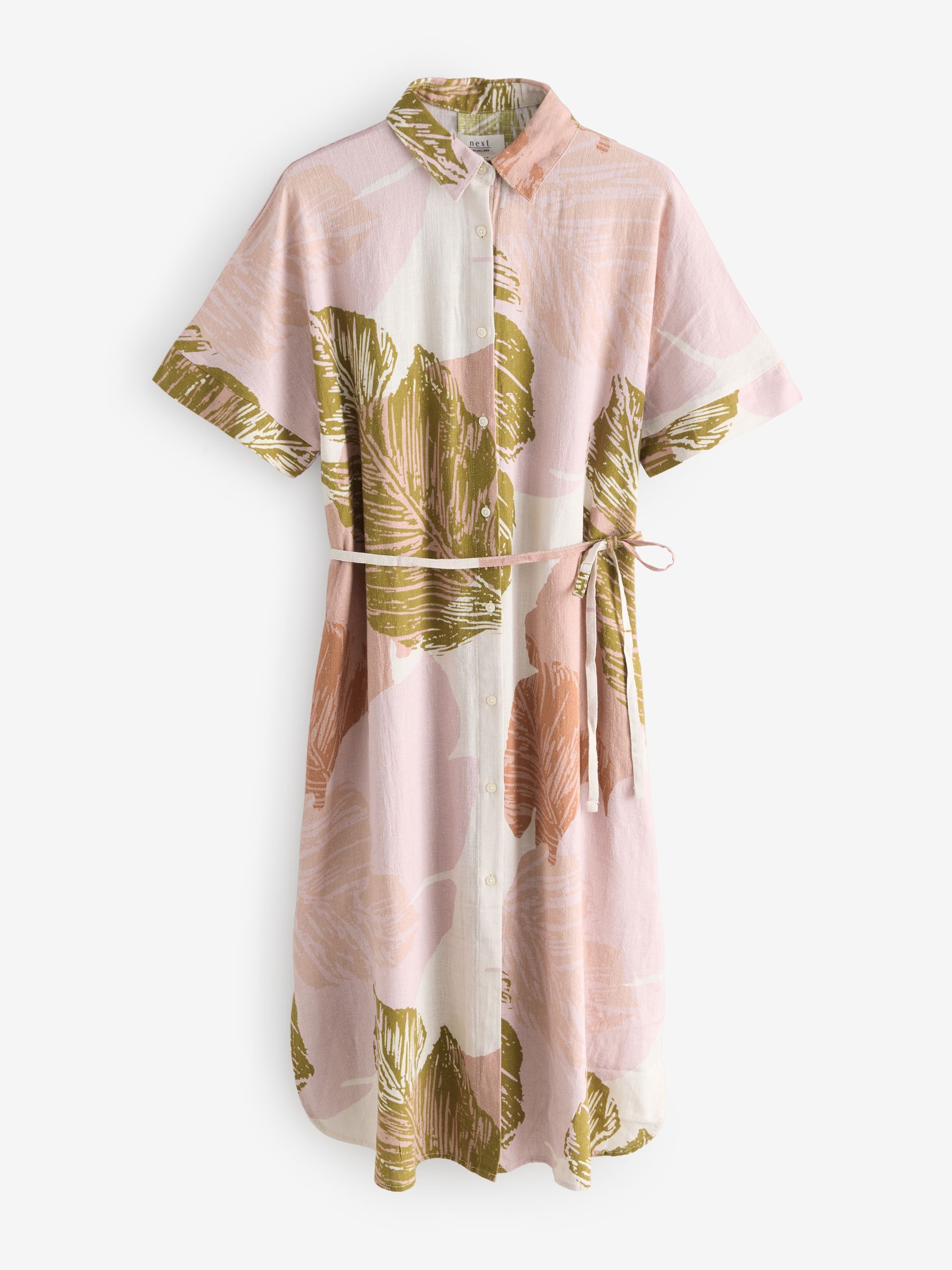 Buy Cream Palm Print Short Sleeve Tie Waist Midi Dress with Linen from ...