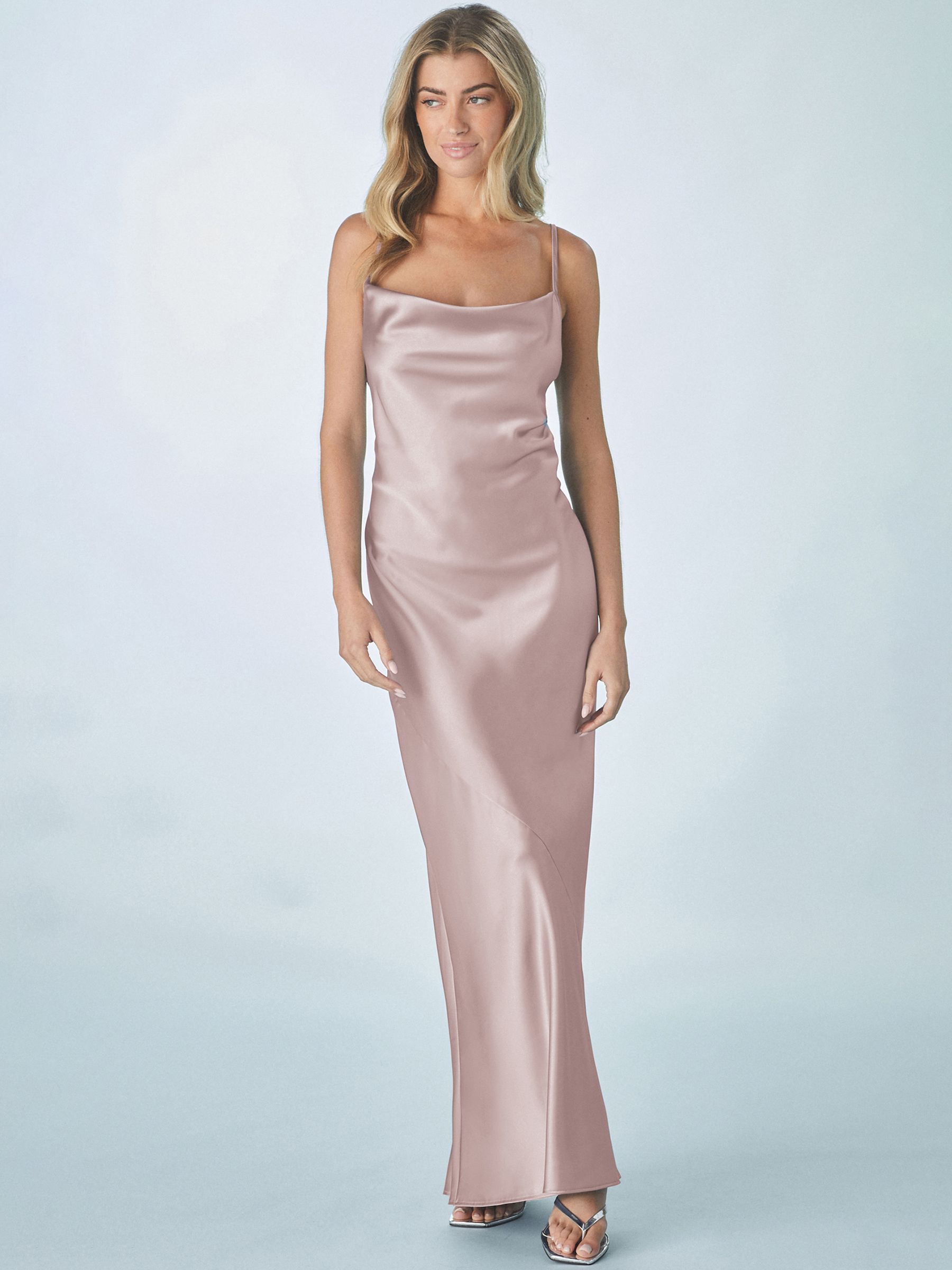 Buy Dusky Pink Satin Cowl Neck Wedding Guest Bridesmaid Maxi Dress from ...