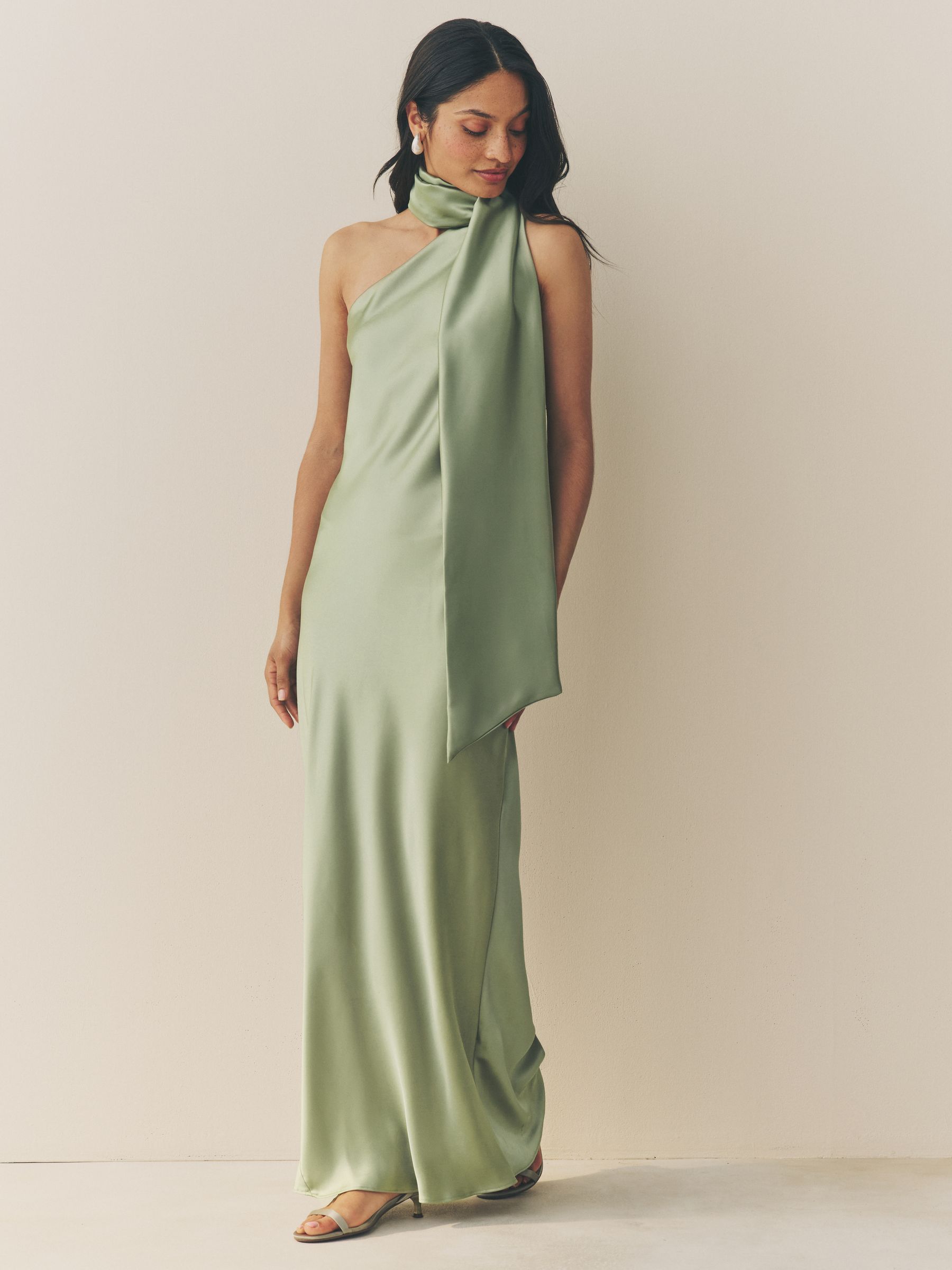 Buy Sage Green Satin One Shoulder Scarf Wedding Guest Bridesmaid Maxi ...