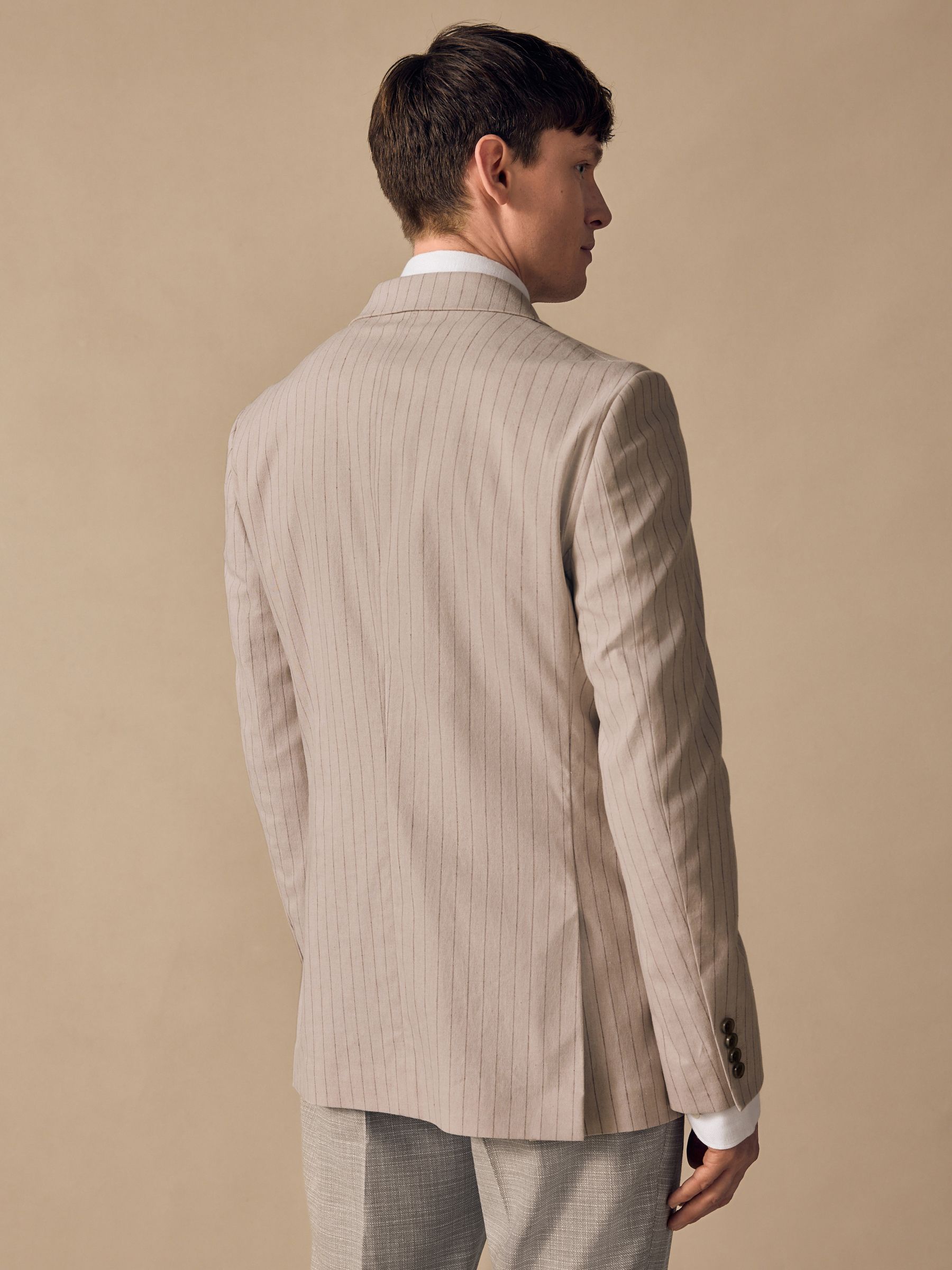 Buy Neutral Striped Double Breasted Suit Jacket With Linen from the ...