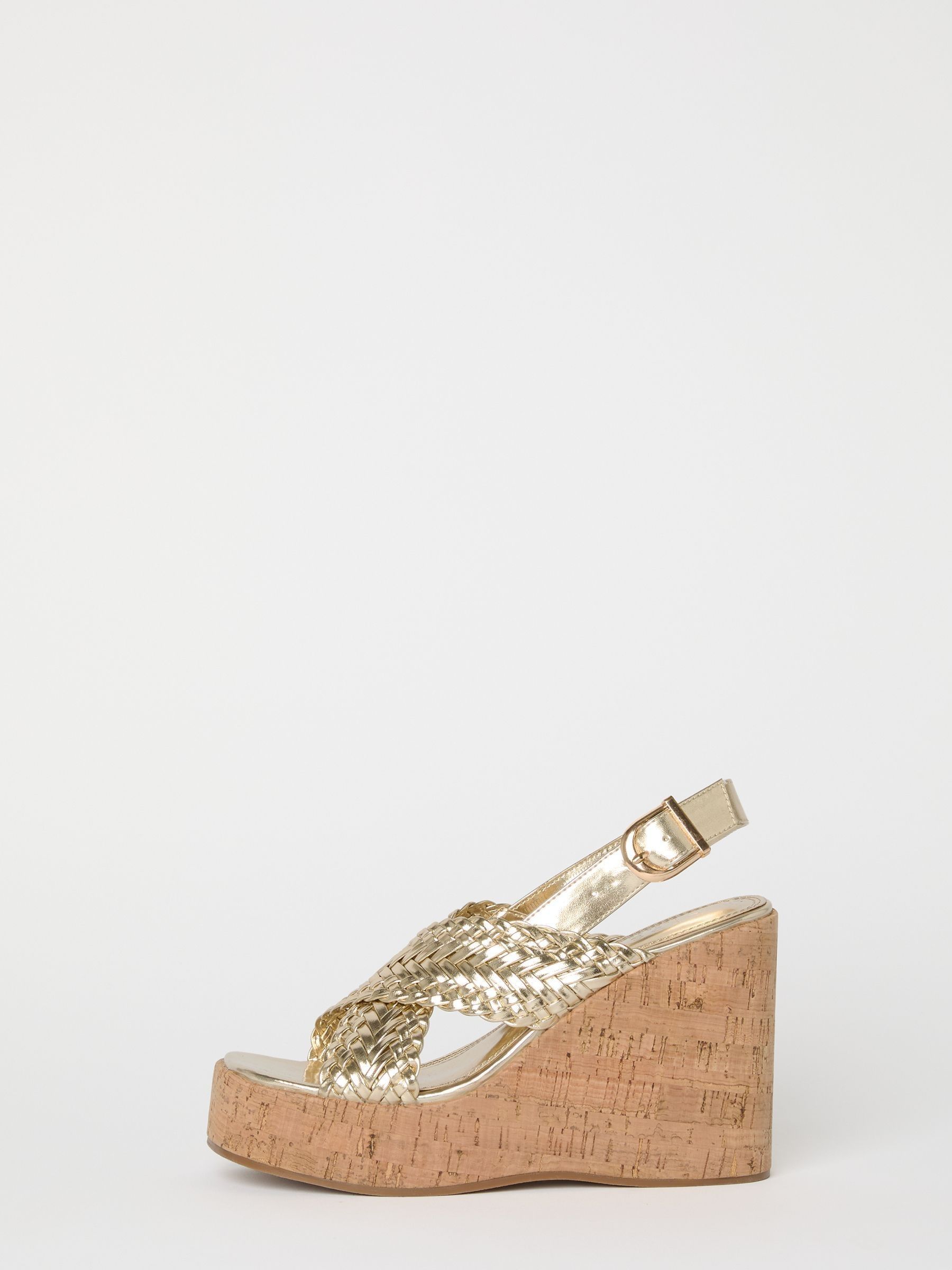 Buy Lipsy Gold High Weave Cross Strap Faux Leather Cork Wedges from ...