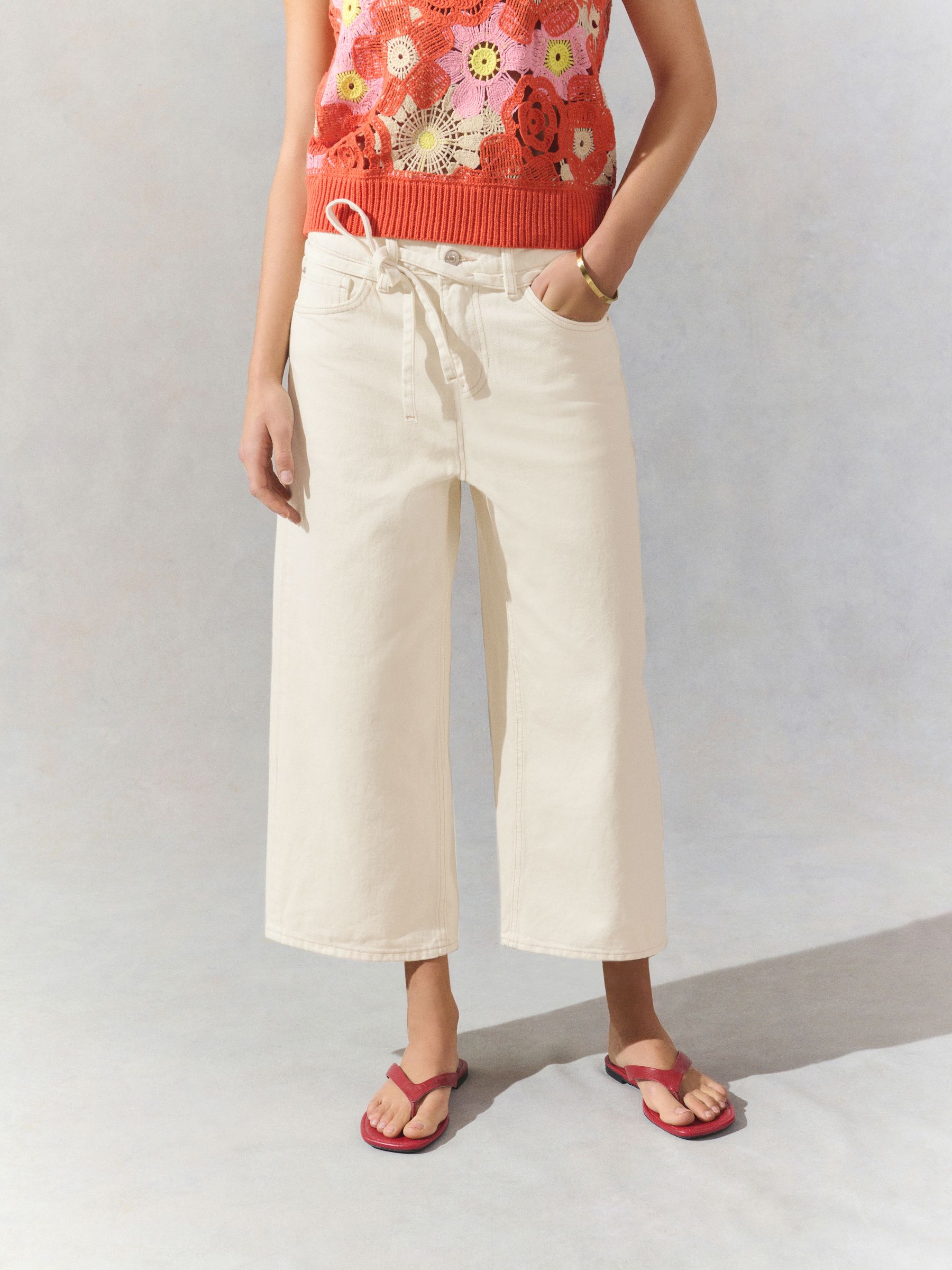Buy Ecru Tie-Waist Cropped Wide Leg Jeans from the Next UK online shop