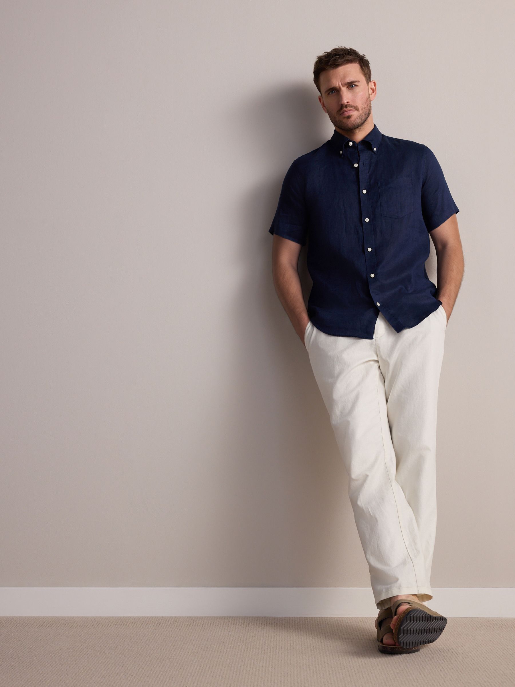 Buy Navy Blue Signature 100% Linen Short Sleeve Shirt from the Next UK ...