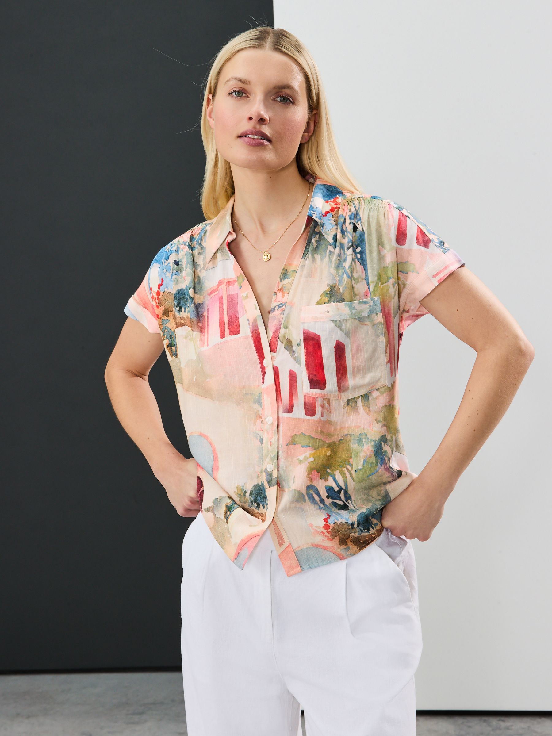 Buy Pink Scenic Print Short Sleeve Shirt with Linen from the Next UK ...