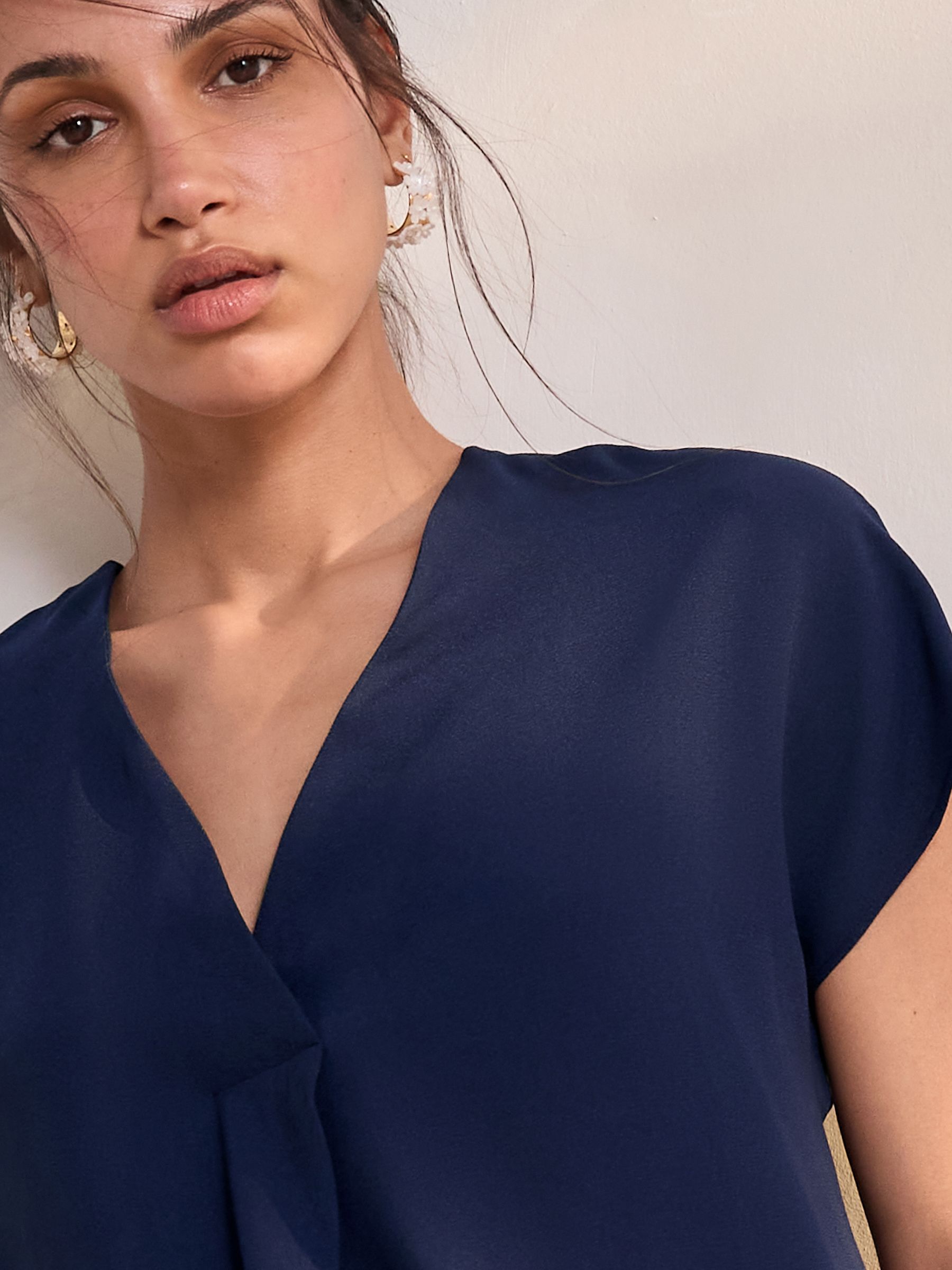 Buy Navy Blue Relaxed Fit Short Sleeve Overhead V-Neck Blouse from the ...