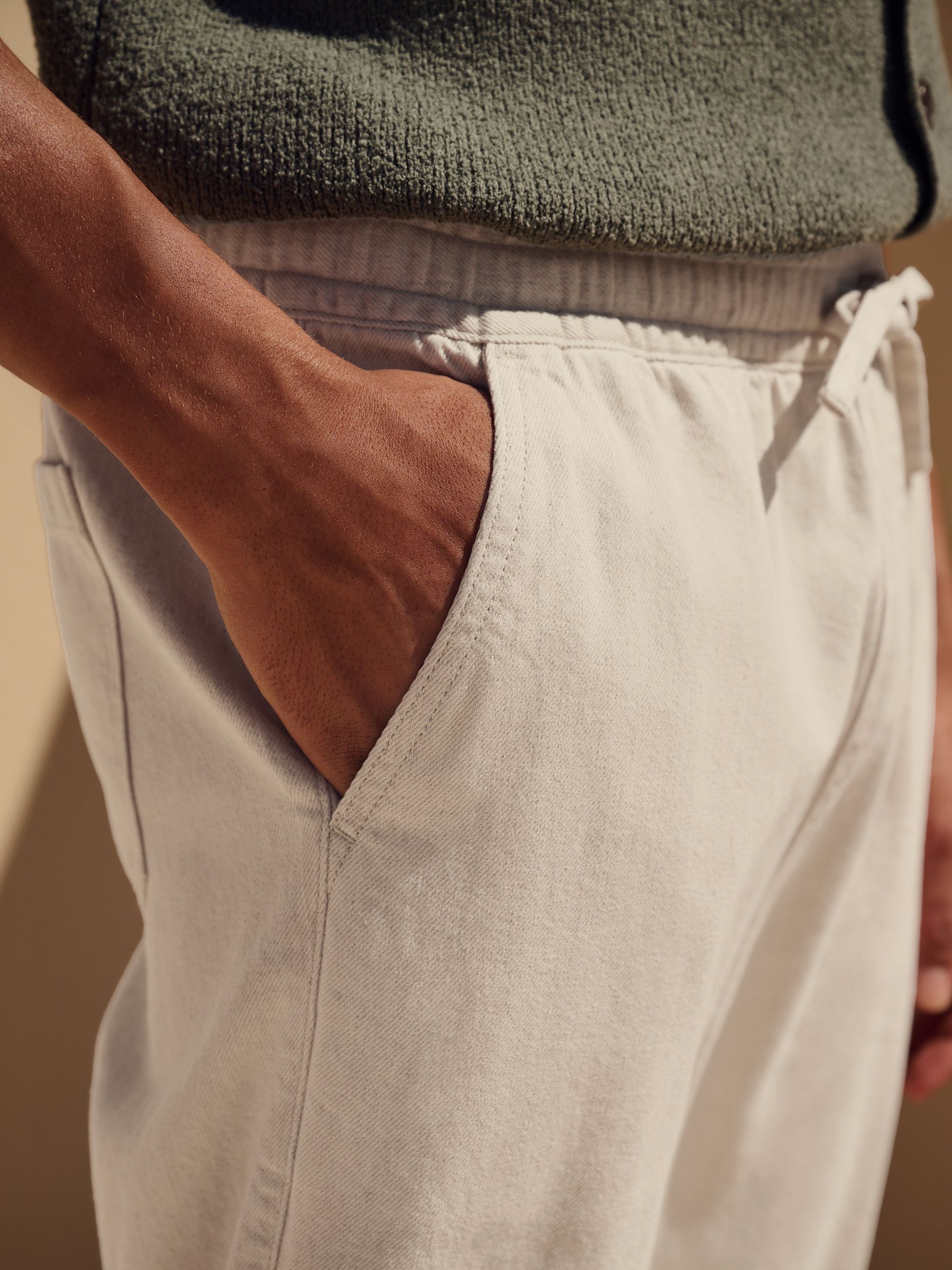Buy Ecru White Relaxed Fit Cotton Linen Twill Elasticated Waist ...