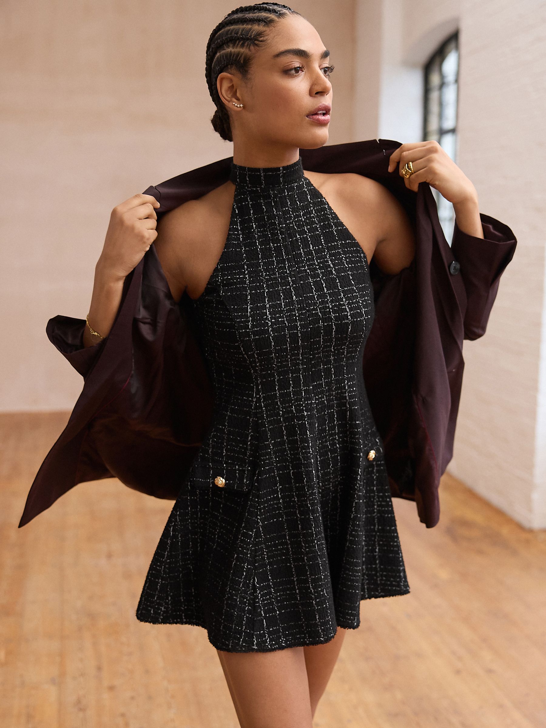 Buy Black Check Bouclé Textured Halter Neck Mini Dress from the Next UK ...