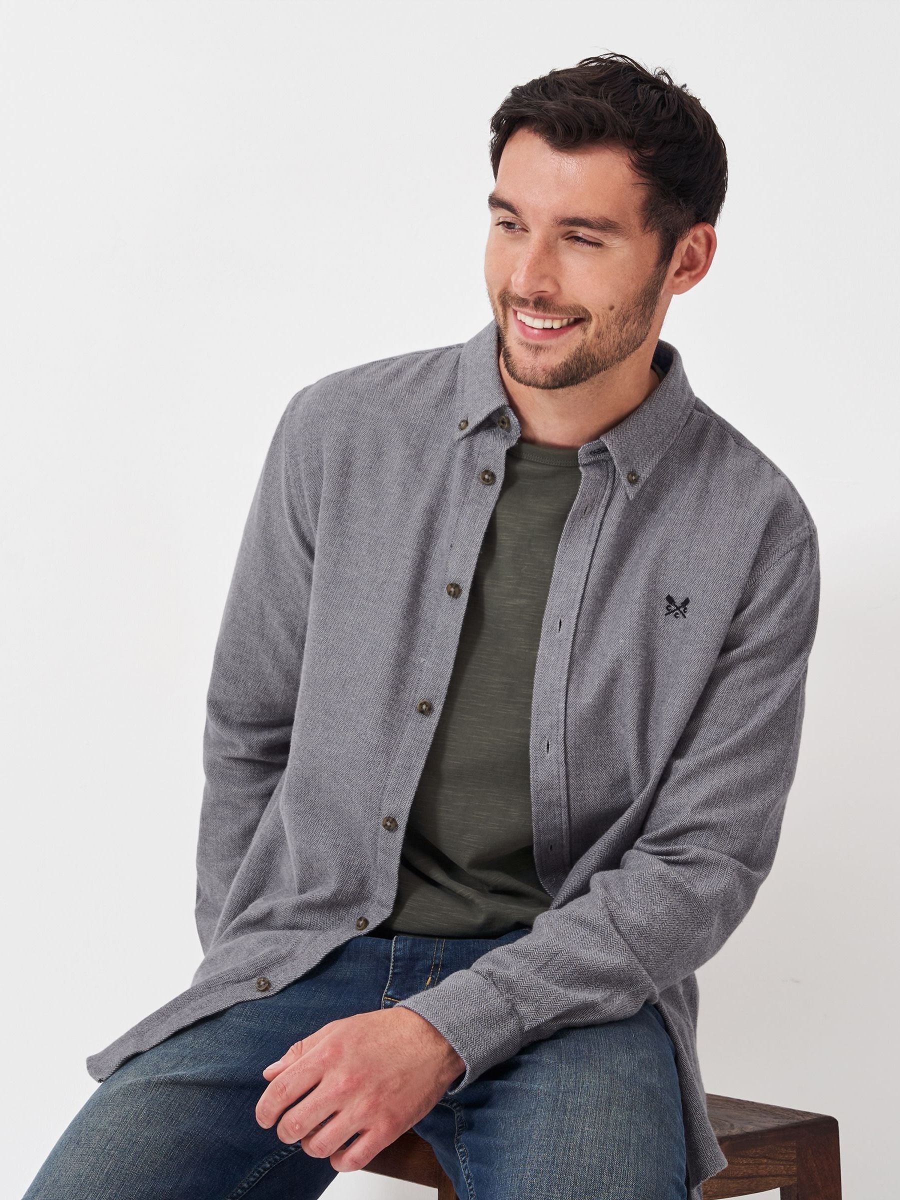 Buy Crew Clothing Grey 100% Cotton Long Sleeve Herringbone Flannel ...