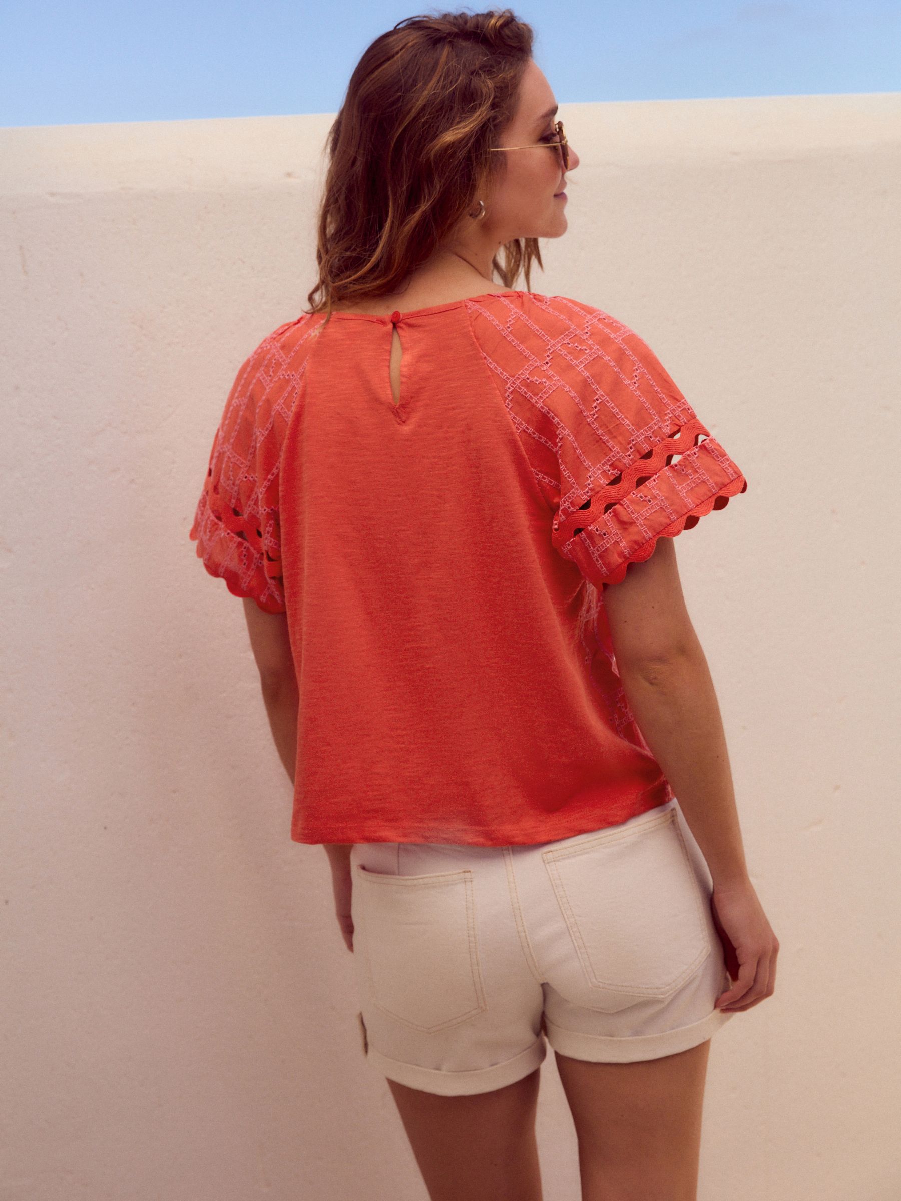 Buy Orange Contrast Stitch - Broderie Boho Short Sleeve Ric Rac Top ...