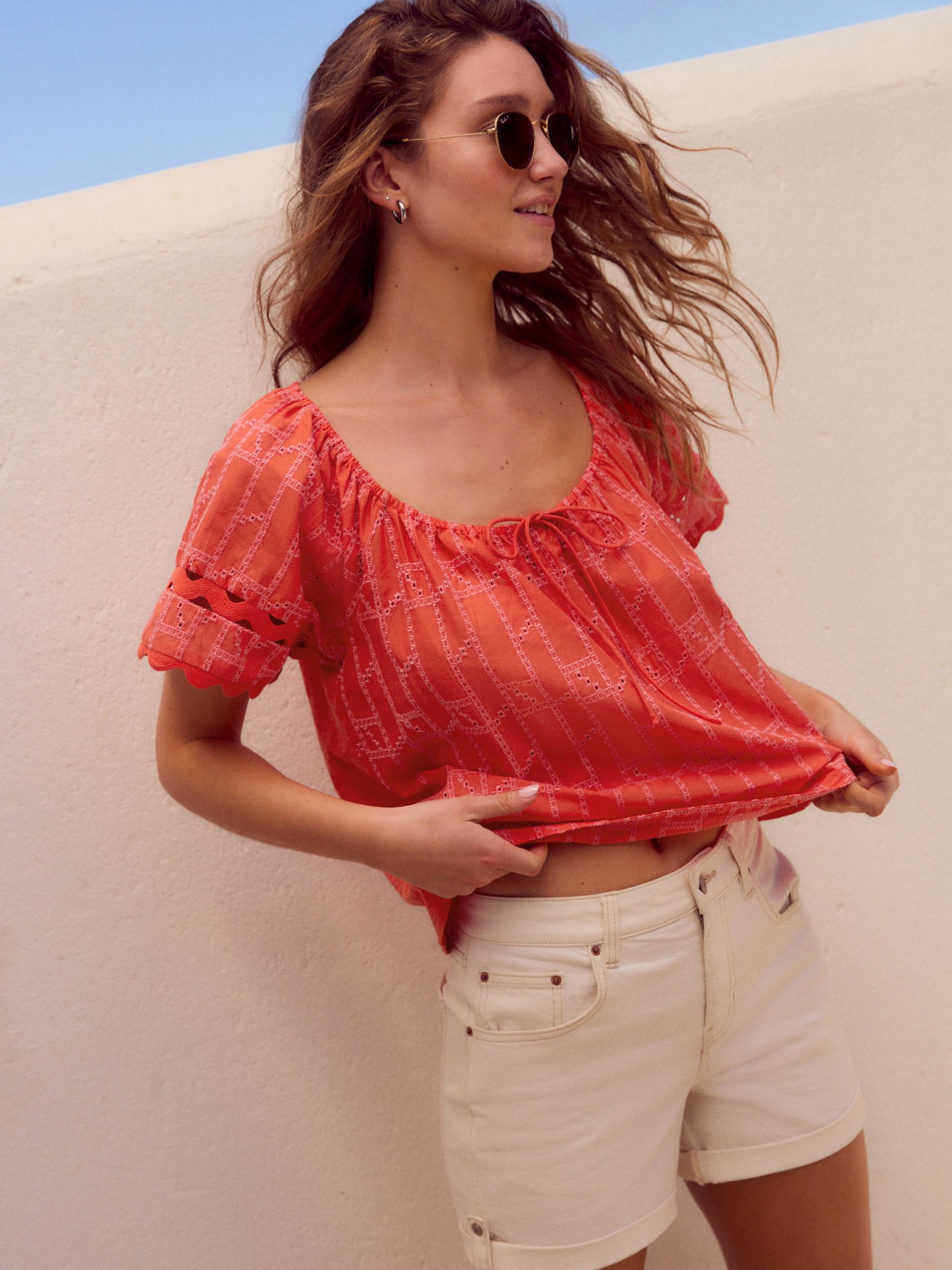 Buy Orange Contrast Stitch - Broderie Boho Short Sleeve Ric Rac Top ...