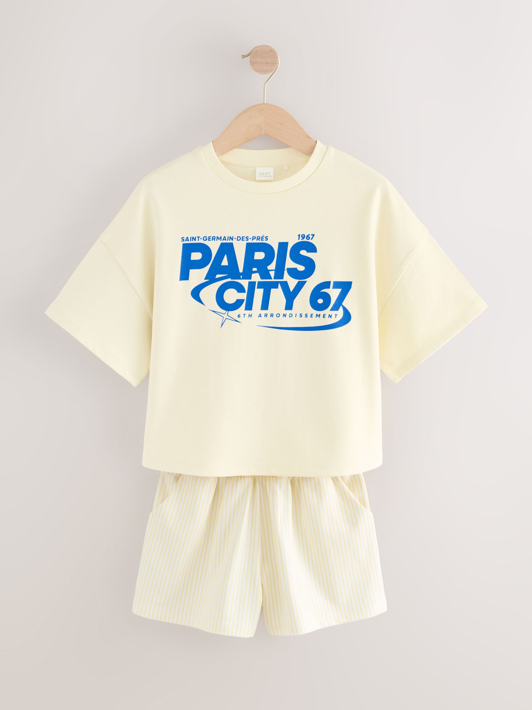 Buy Ecru/Yellow Stripe Slogan 100% Cotton T-Shirt And Short Set (3 ...