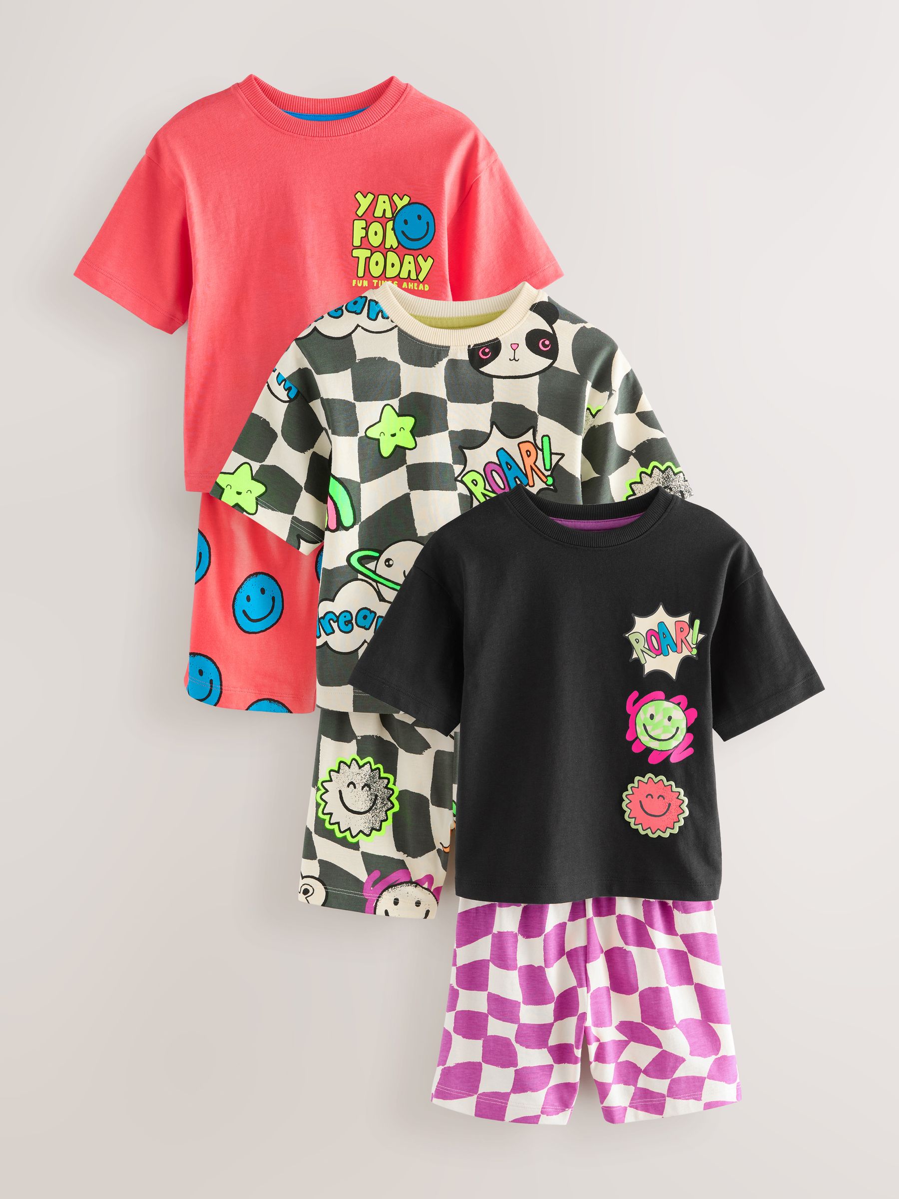 Buy Multi Bright Checkerboard Happy Face Short Pyjamas 3 Pack (9mths ...