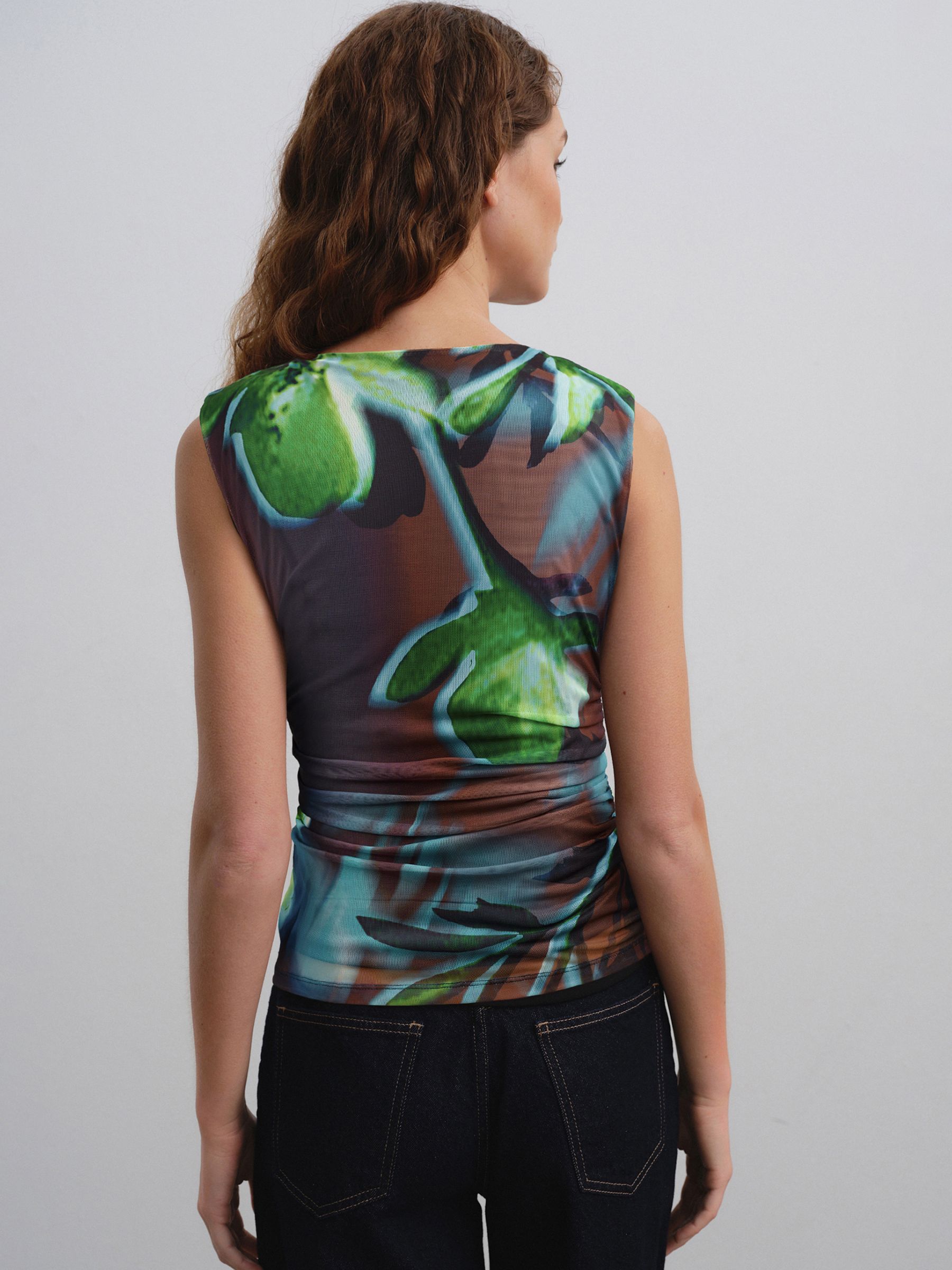 Buy Green/Black Abstract Floral Sleeveless Ruched Mesh Top from the ...