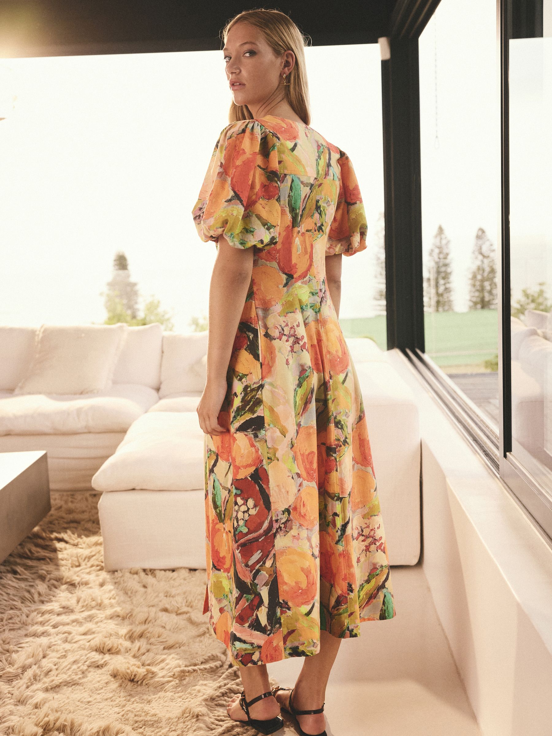 Buy Bright Orange Fruit Print - Button Down Puff Sleeve Midi Dress with ...